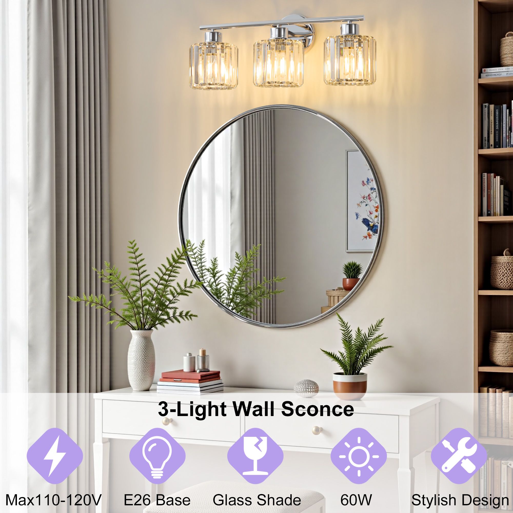 Lanmate 3-Light Chrome Dimmable Modern Bathroom Vanity Light with ...