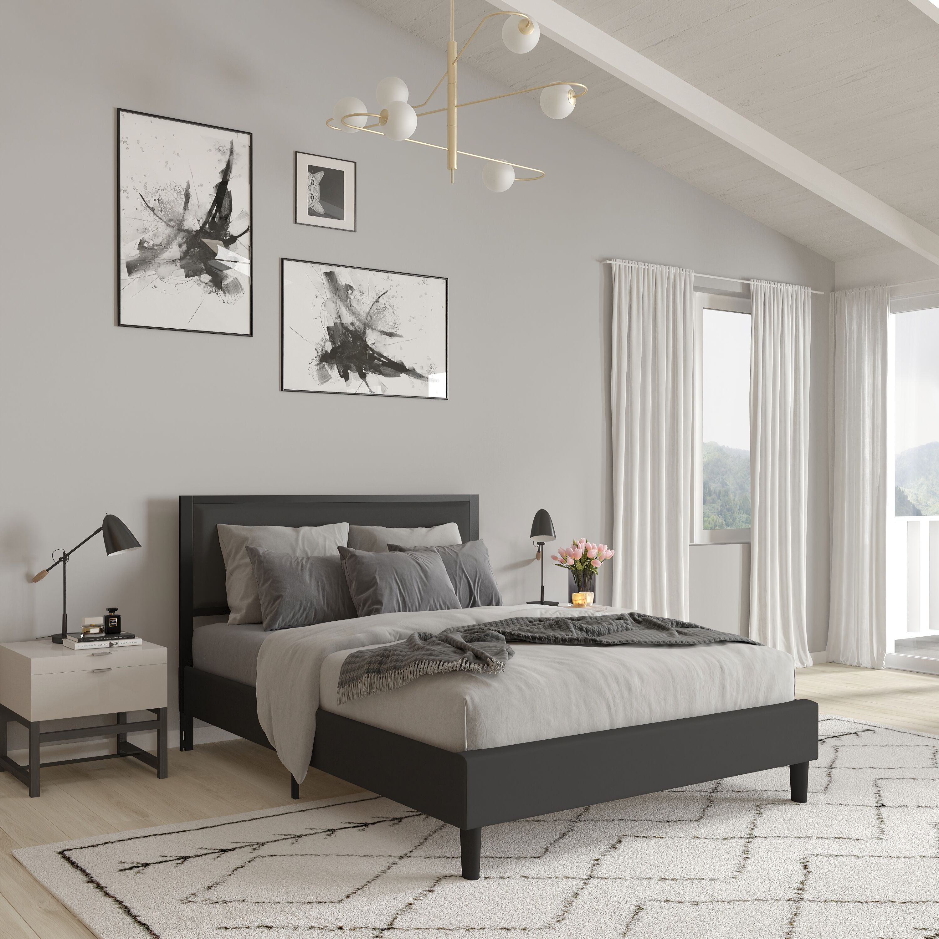 Merrick Lane West Avenue Full Size Headboard Black Fabric Upholstered ...