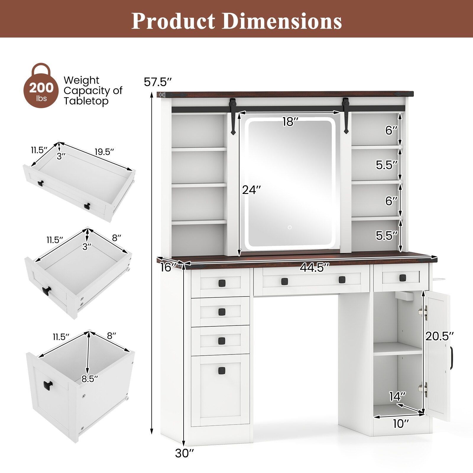 SUGIFT Farmhouse Vanity Desk with Barn-Style Sliding Mirror 3 Lighting ...