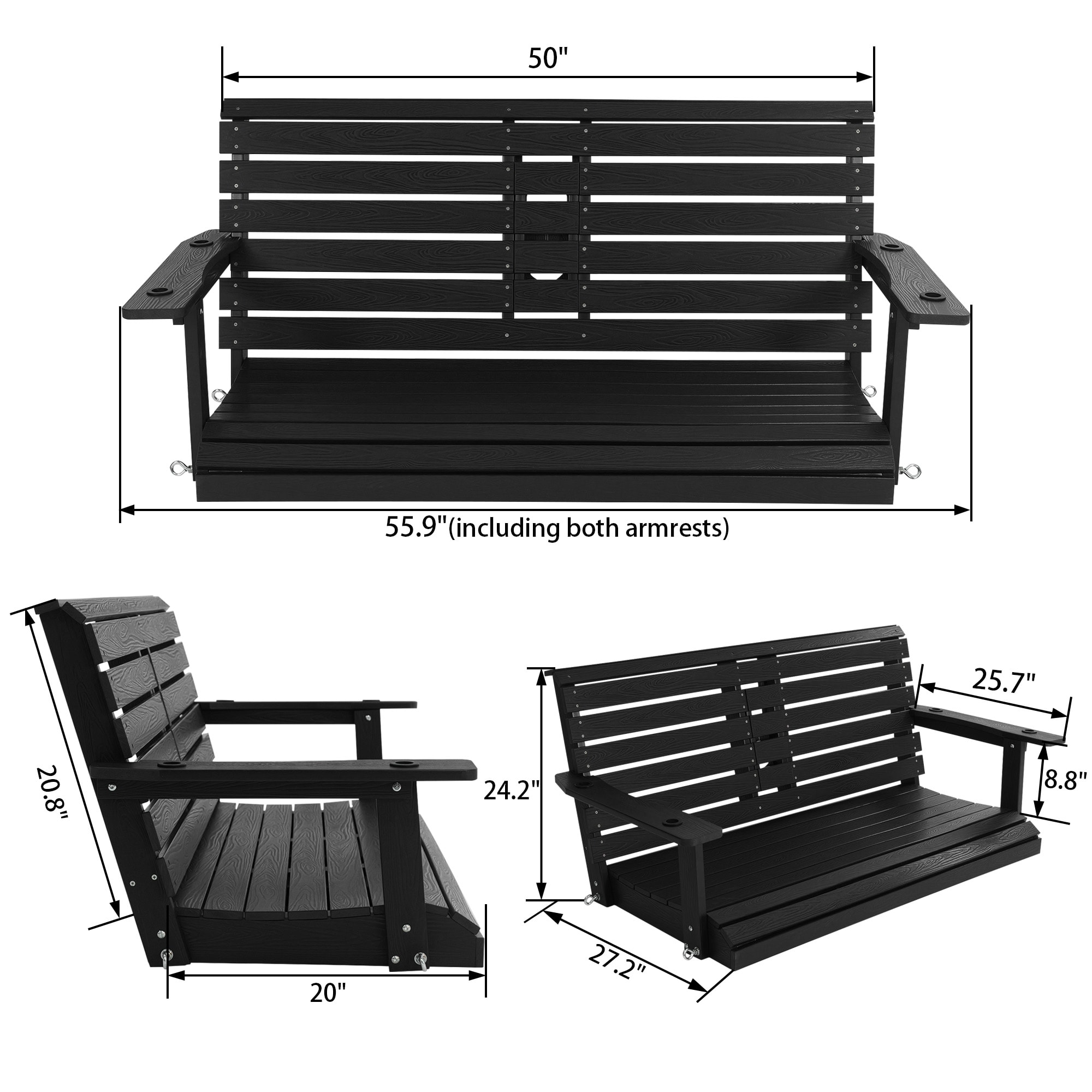 Fortune Candy 4.5-Feet Large Size 2-Seat Poly Lumber HIPS Carbon Black ...