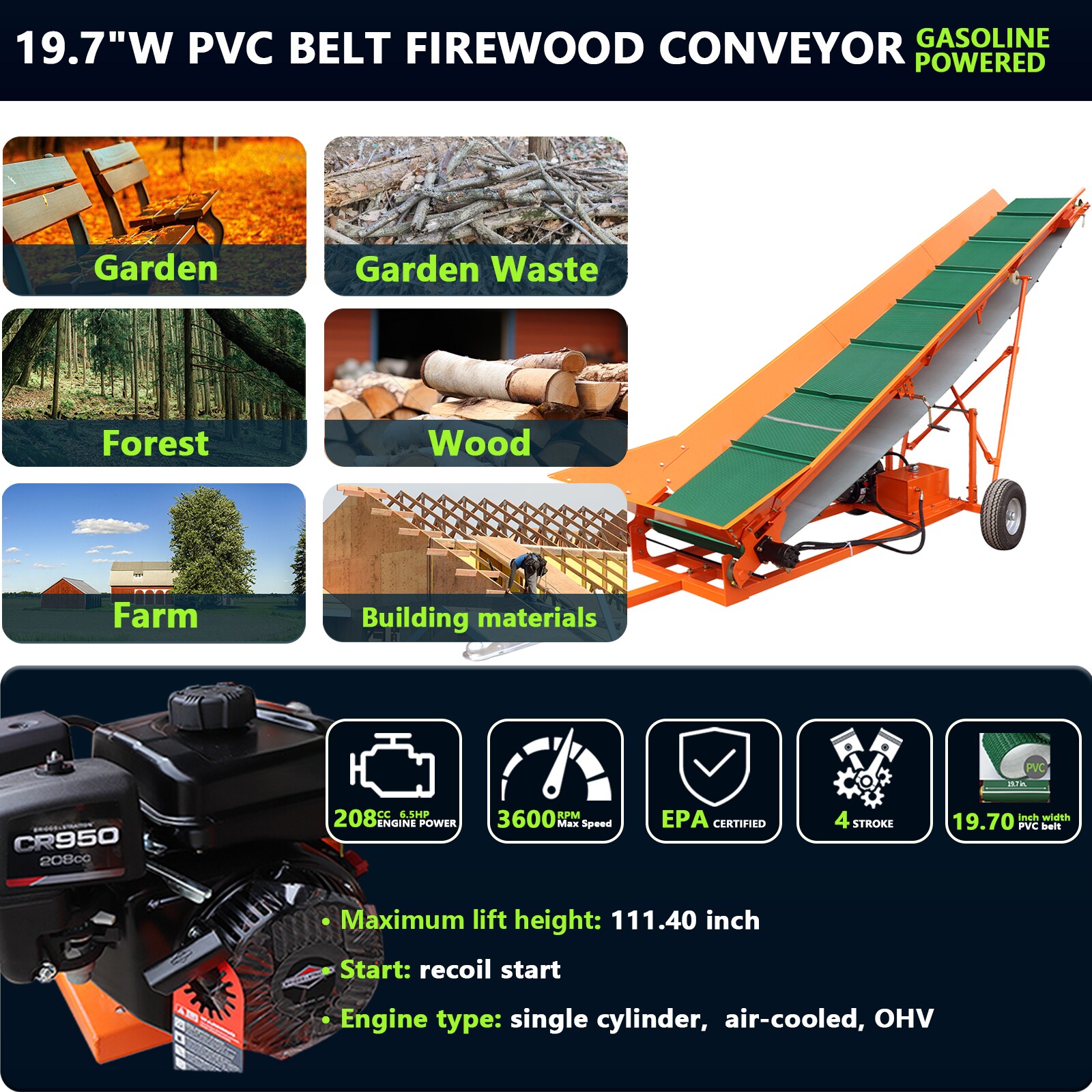 ModernLuxe Assembly Required Firewood Conveyor 6.5HP 208cc Gasoline ...