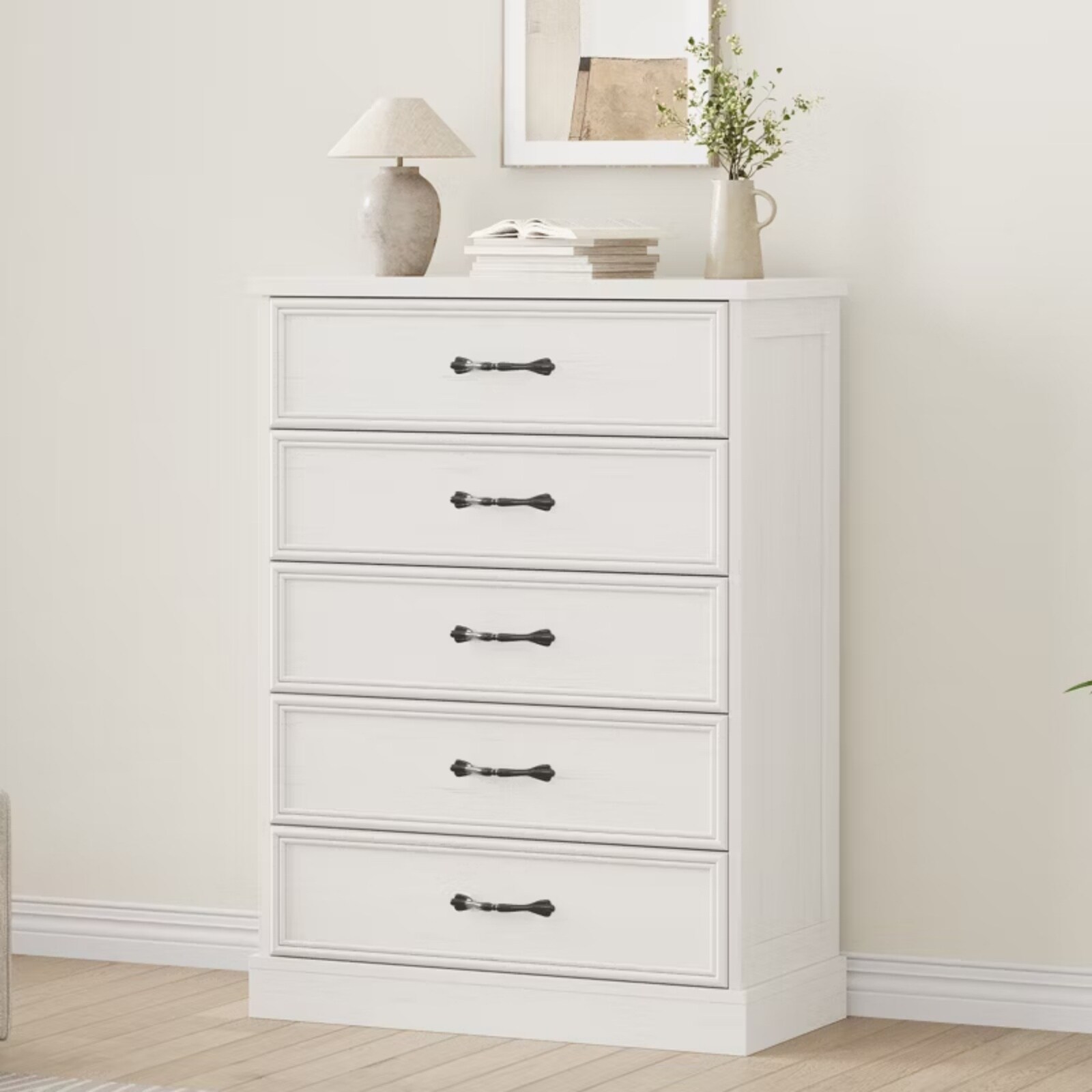 Garvee Farmhouse 5 Drawer Dresser 43-in Tall Nightstand Chest Sturdy ...