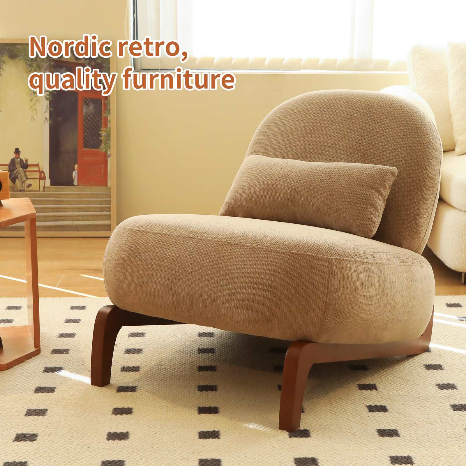 Vynxaria Cute Accent Chair Camel Velvet Upholstered Solid Wood Legs ...