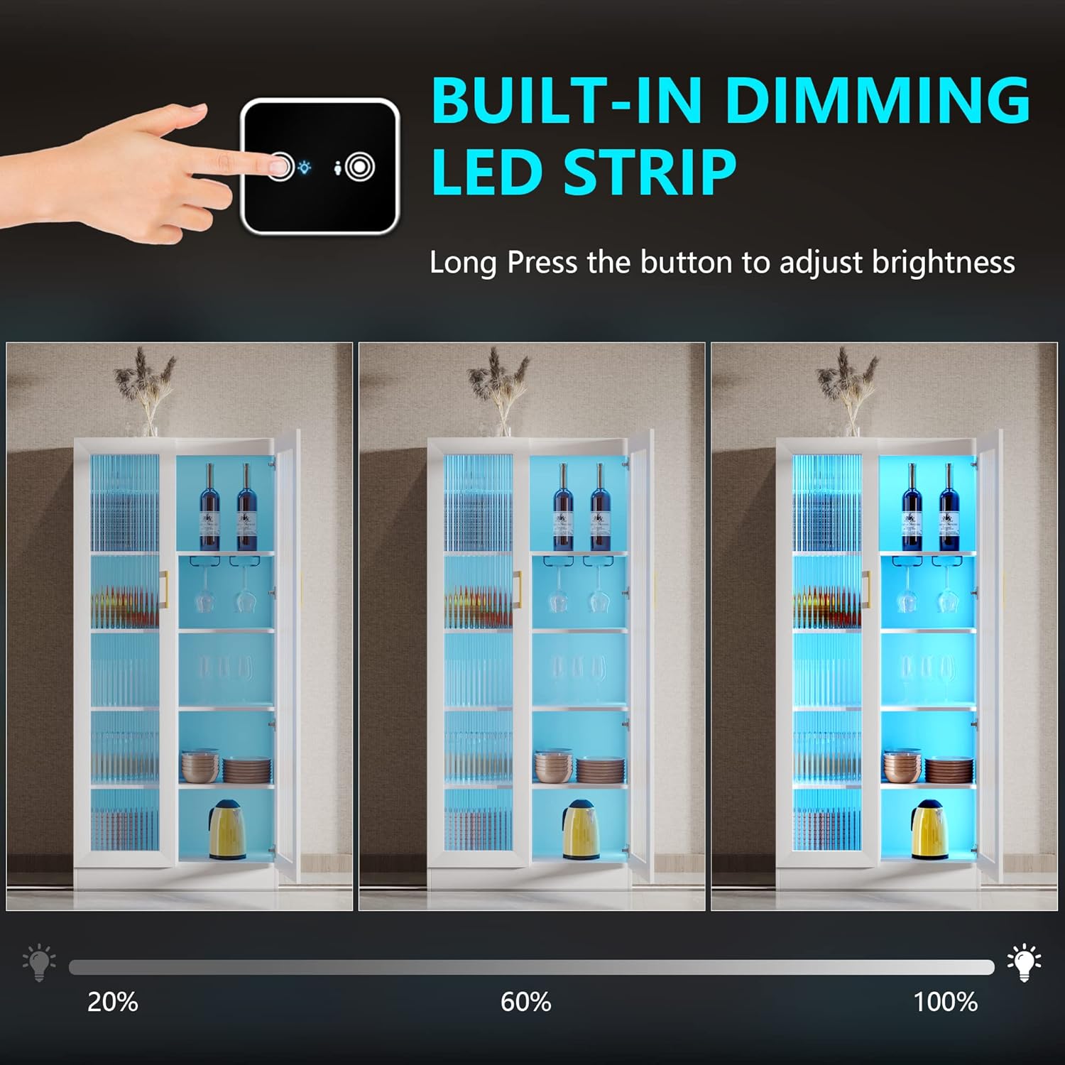 Vlsrka 65 Inch Glass Display Cabinet with LED Lights 2 Doors 5 Tier ...