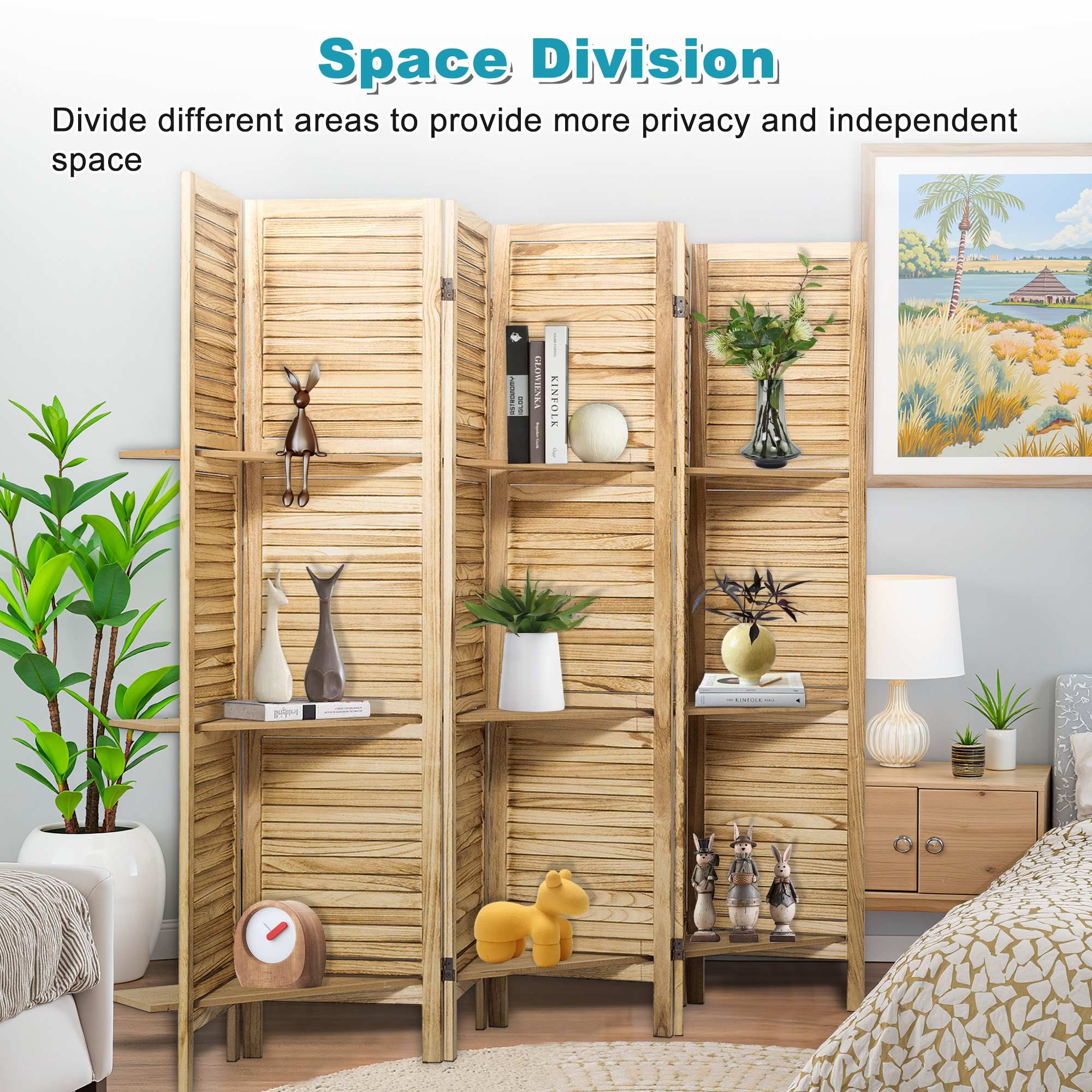 Misty Moon 96x67 Inch Wood Color Wooden Folding Screen with Shelves for ...