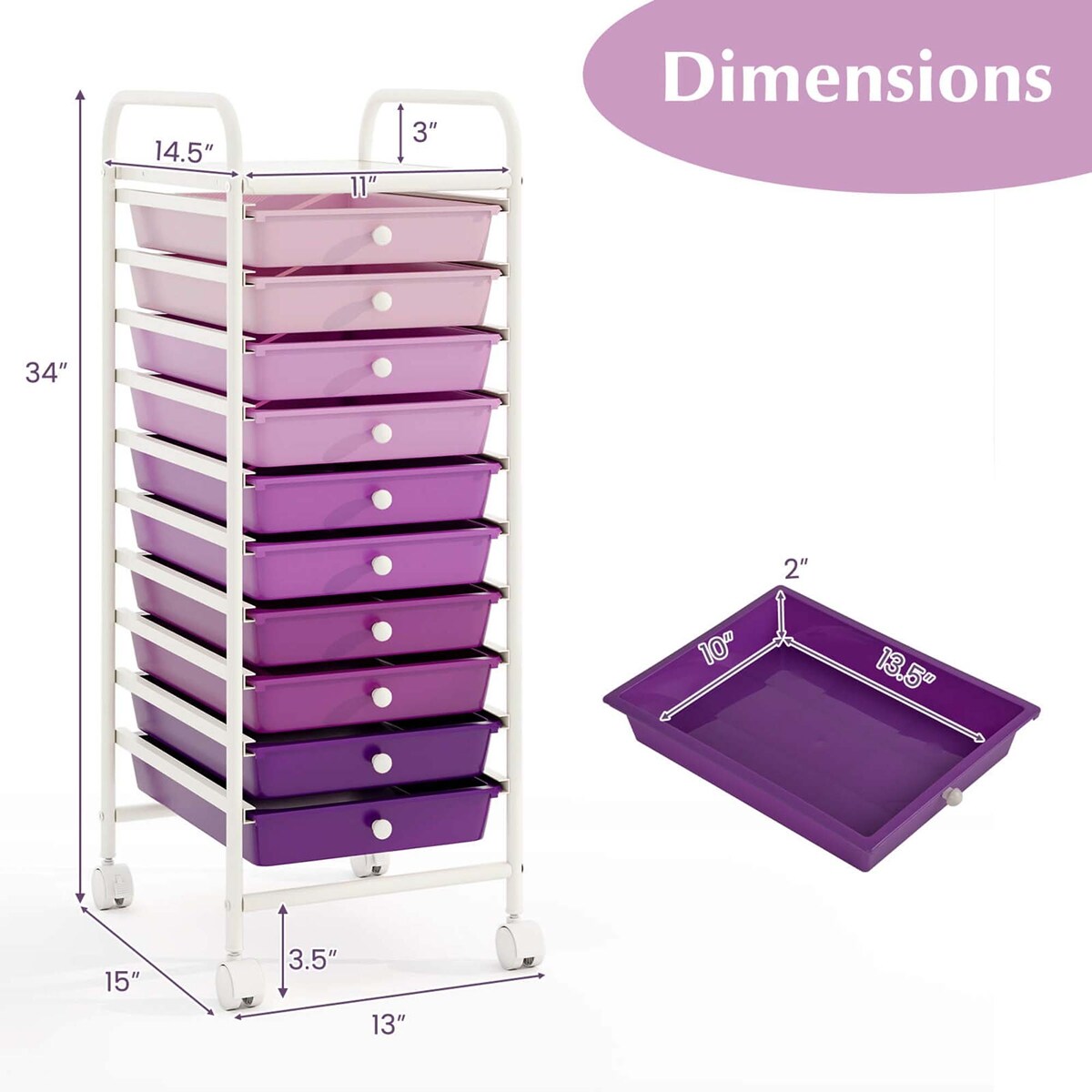 Costway 10 Drawer Rolling Storage Cart Scrapbook Paper Office School ...