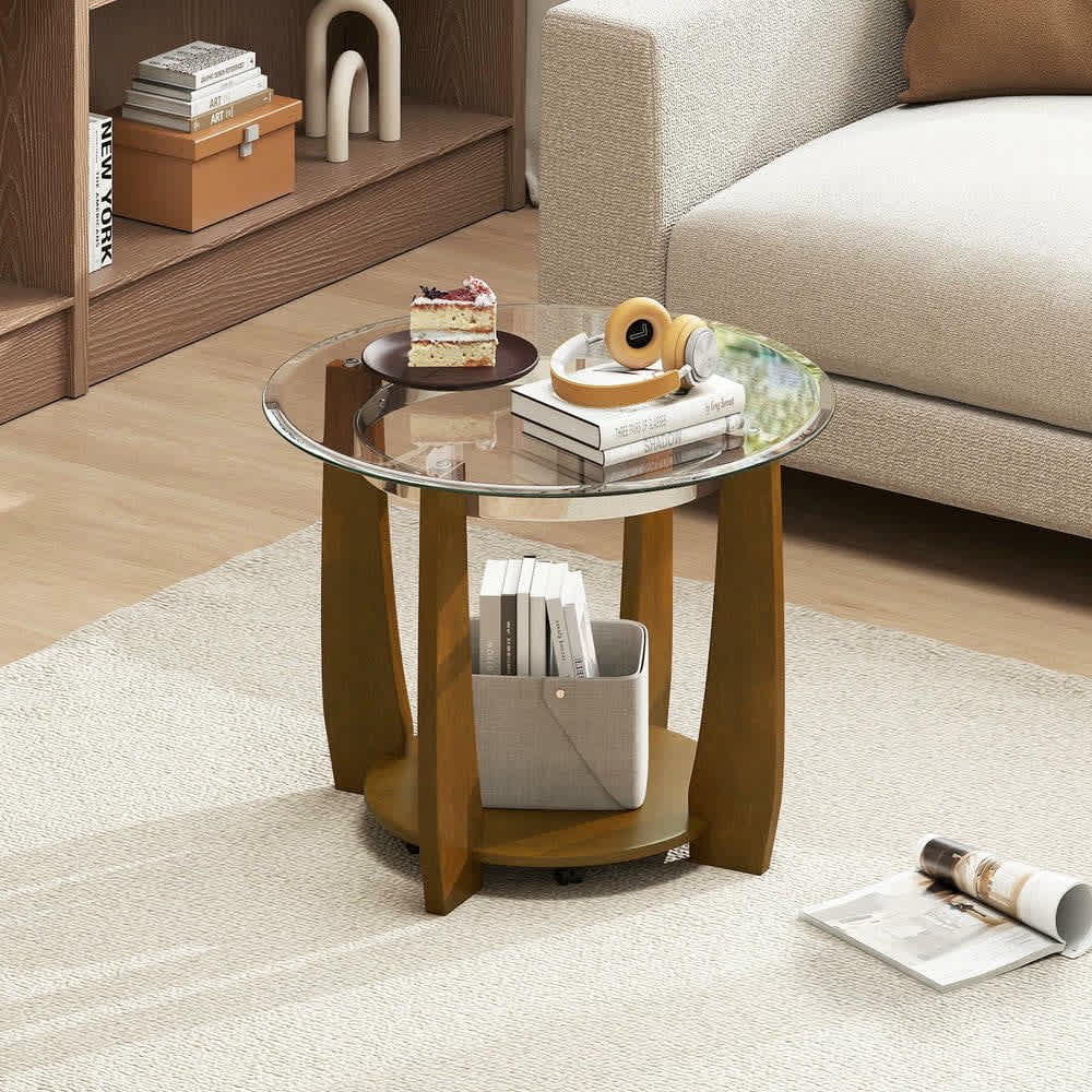 Choco Moon 32 2Tier Round Coffee Table With Glass Top And Storage Shelf ...