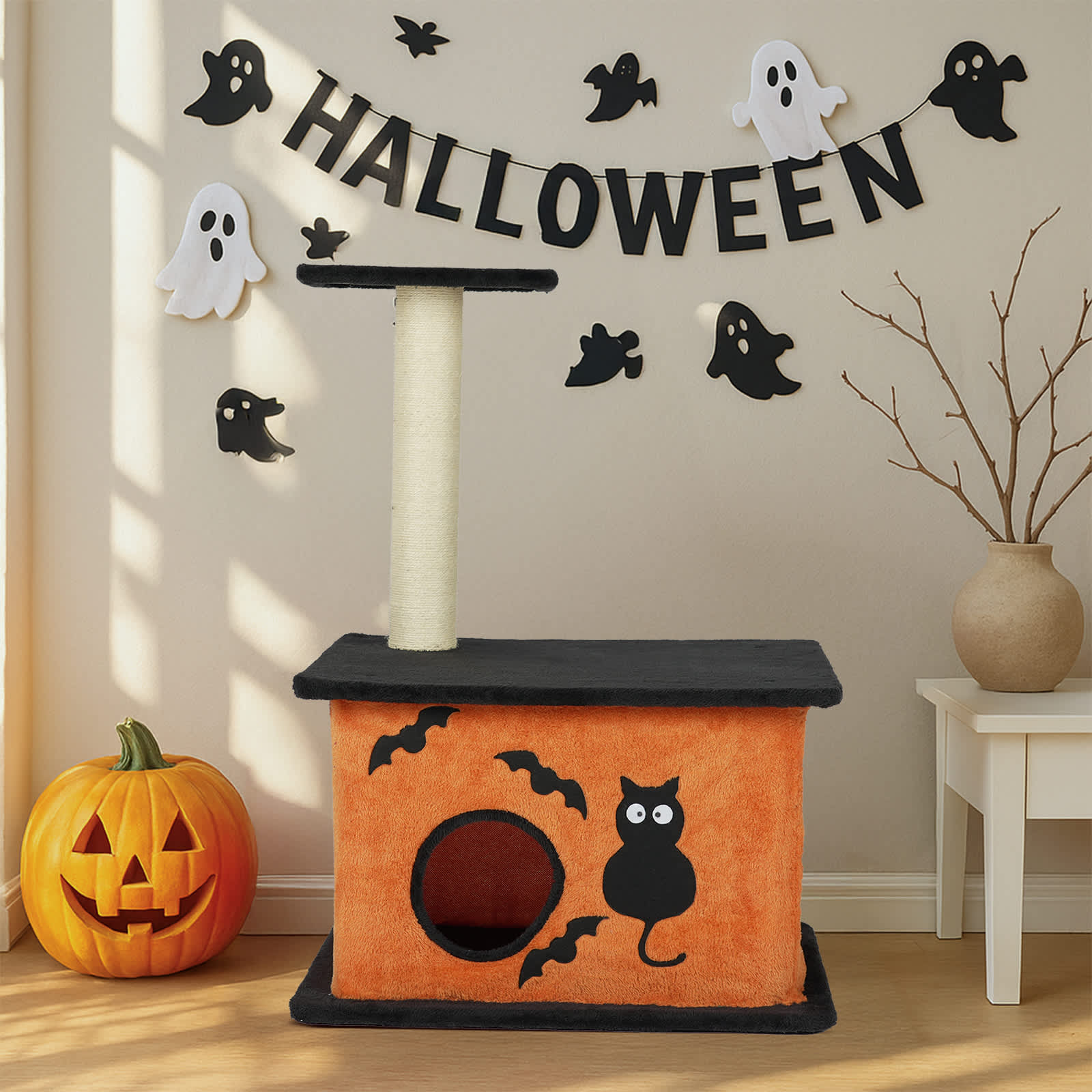 Vynxaria Orange Black 33 inch Halloween Cat Tree Small Large Cats MDF ...