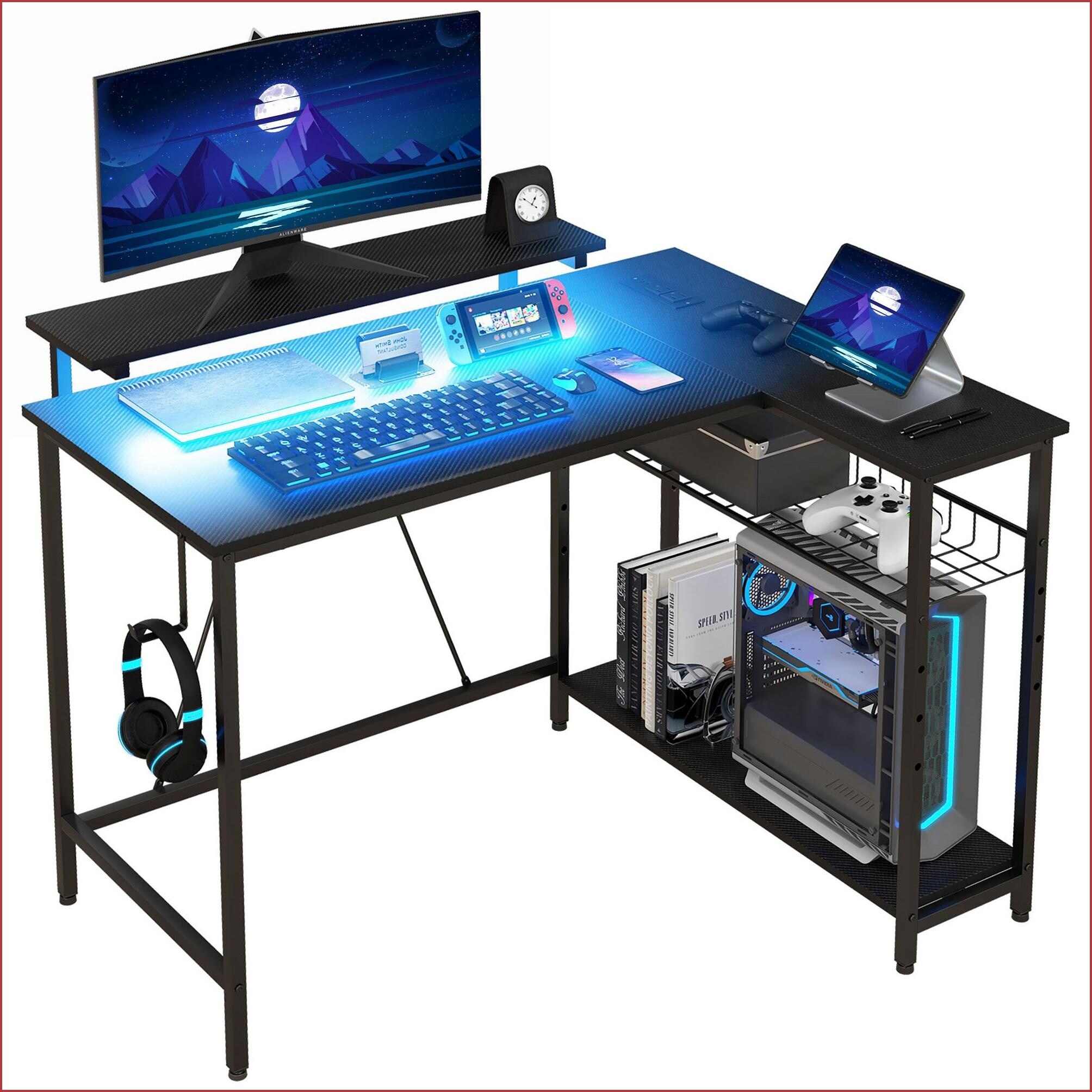 SunJet Desks 42in L Shaped Desk LED Lights Power Outlet USB Ports ...