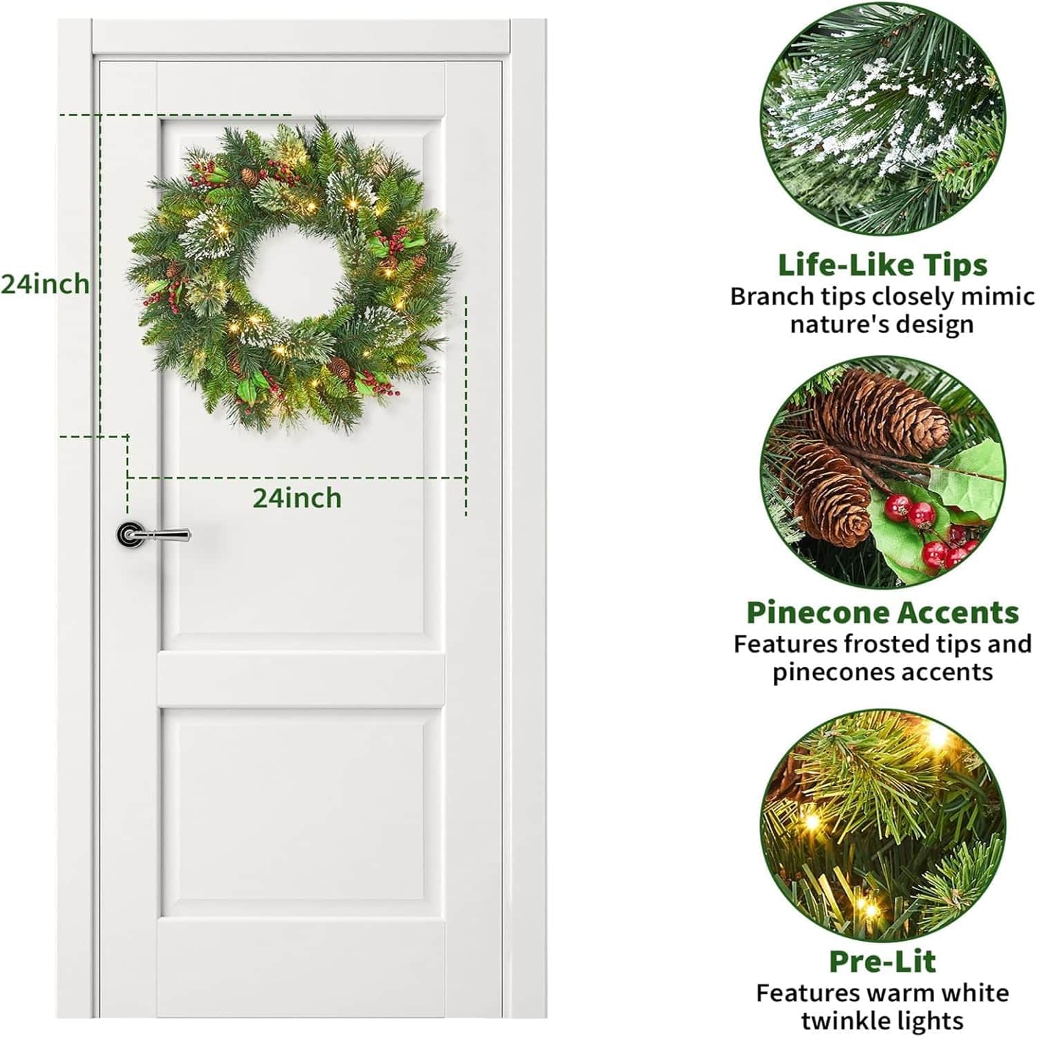 Garvee 24 Inch Pre Lit Artificial Christmas Wreath with Warm White LED ...