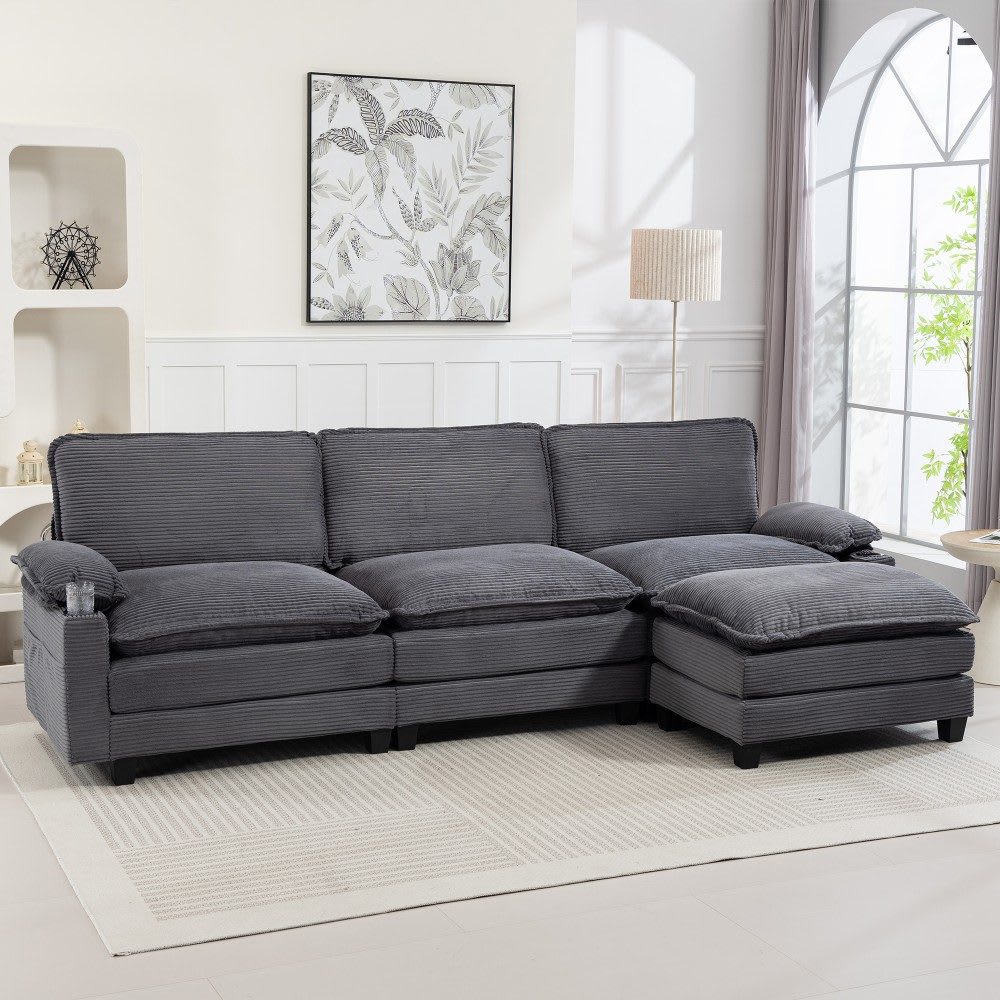 Coolbibila 113-in Modular L-Shaped Dark Gray Corduroy Sectional Sofa ...