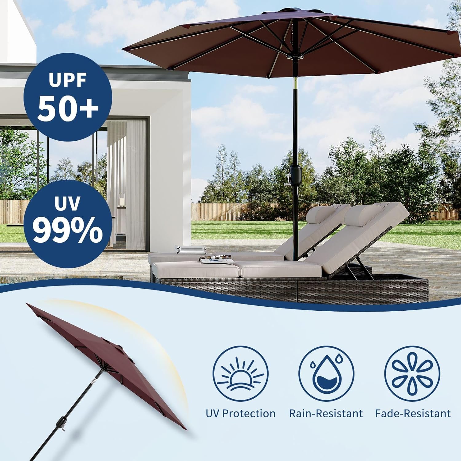 Aoile 9ft Patio Umbrella with Crank Lift and Adjustable Tilt for Pool ...