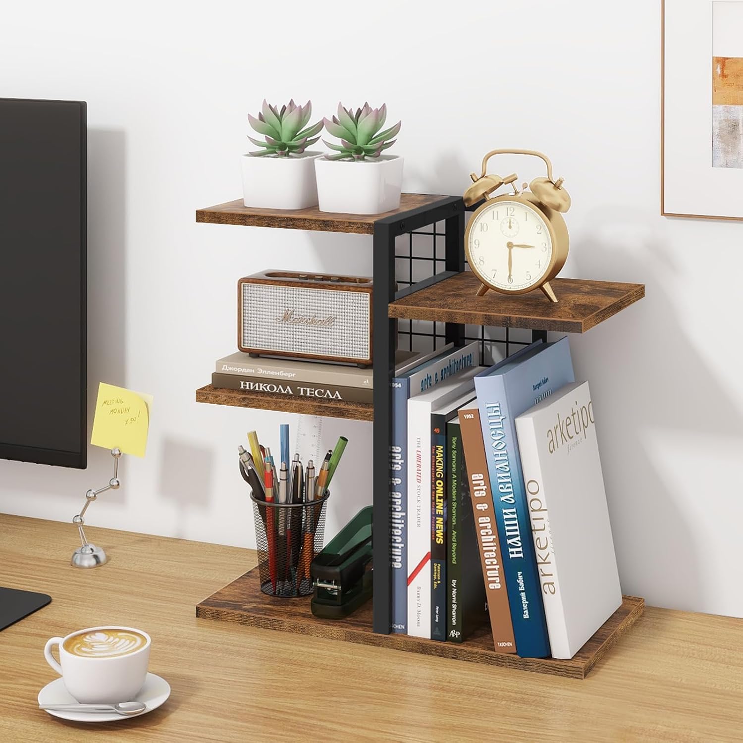 ELITEROO Desktop Shelf Organizer 4 Tier Wooden Desk Bookshelf Small ...