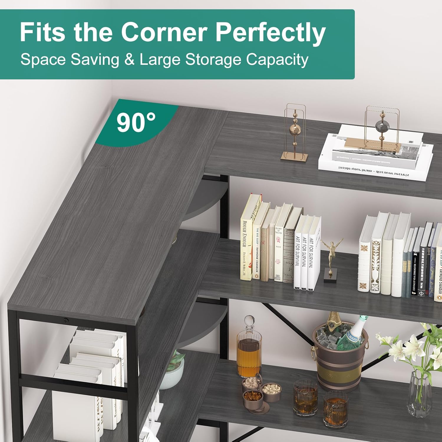 Qeetex 5 Tier Corner Bookshelf - Industrial Bookshelves - L Shape Tall ...