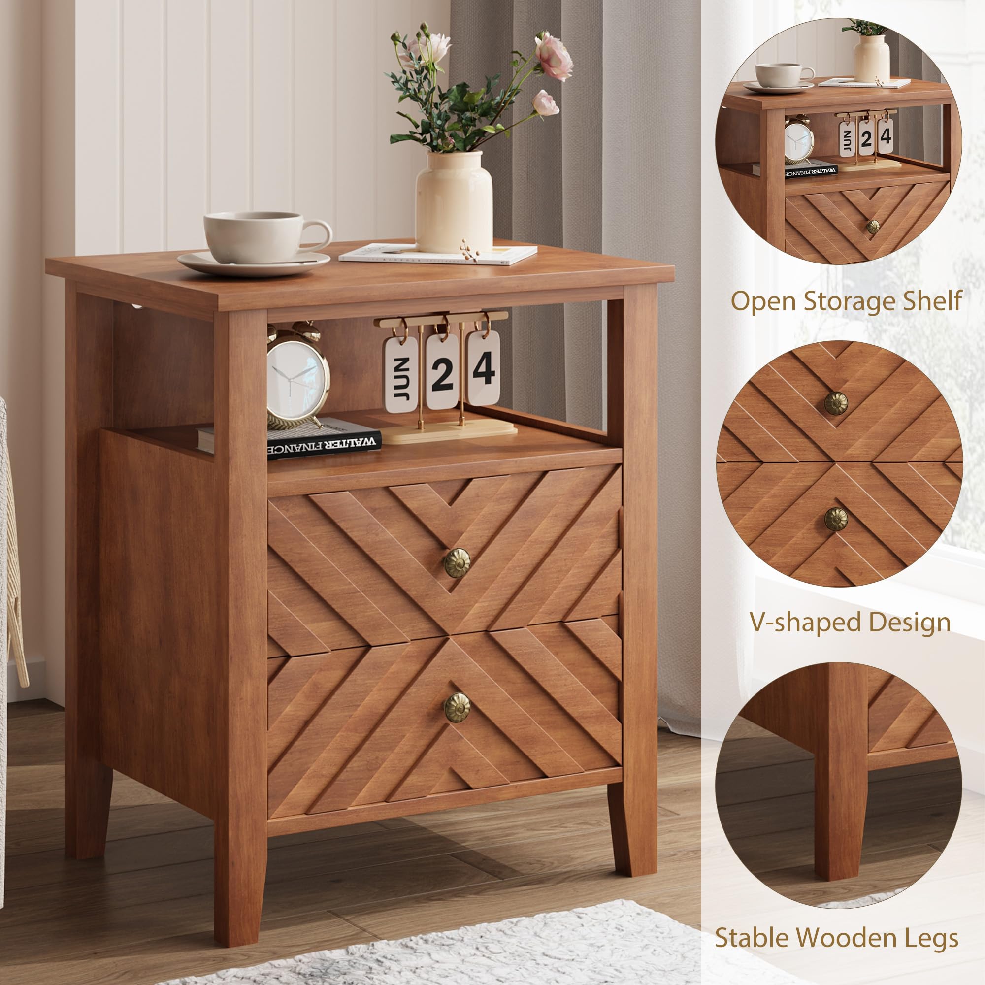 GarveeLife LED Night Stand with 2 Storage Drawers and Stable Wooden ...