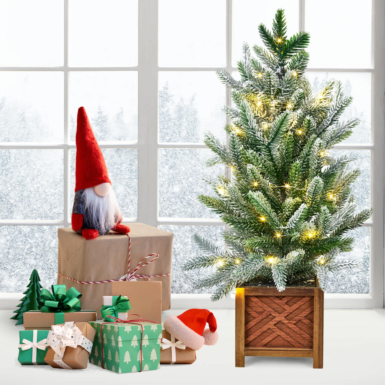 Qeetex 24 Inches Mini Christmas Tree Modern in Wood Base Snow Flocked ...