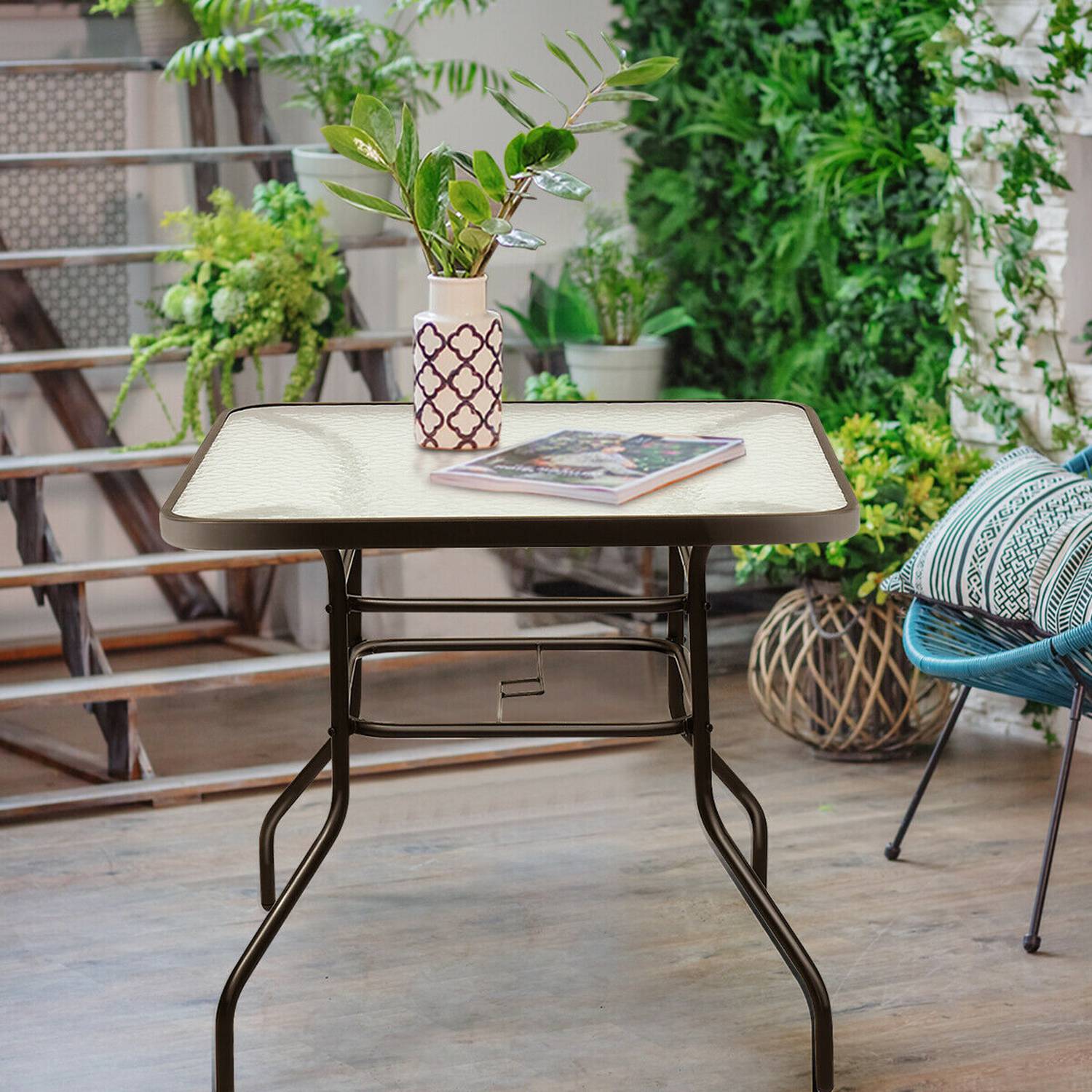 Costway 32 inches Patio Square Table Tempered Glass Steel Frame Outdoor ...