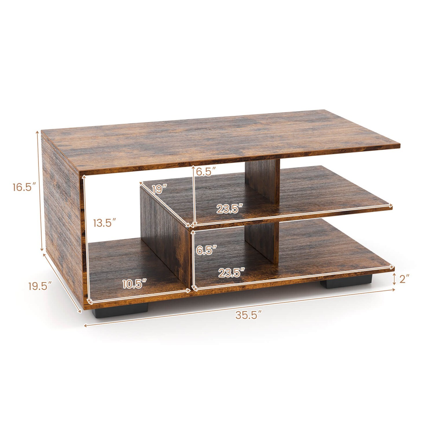 Costway Coffee Table with L-shaped Middle Shelf for Living Room Rustic ...
