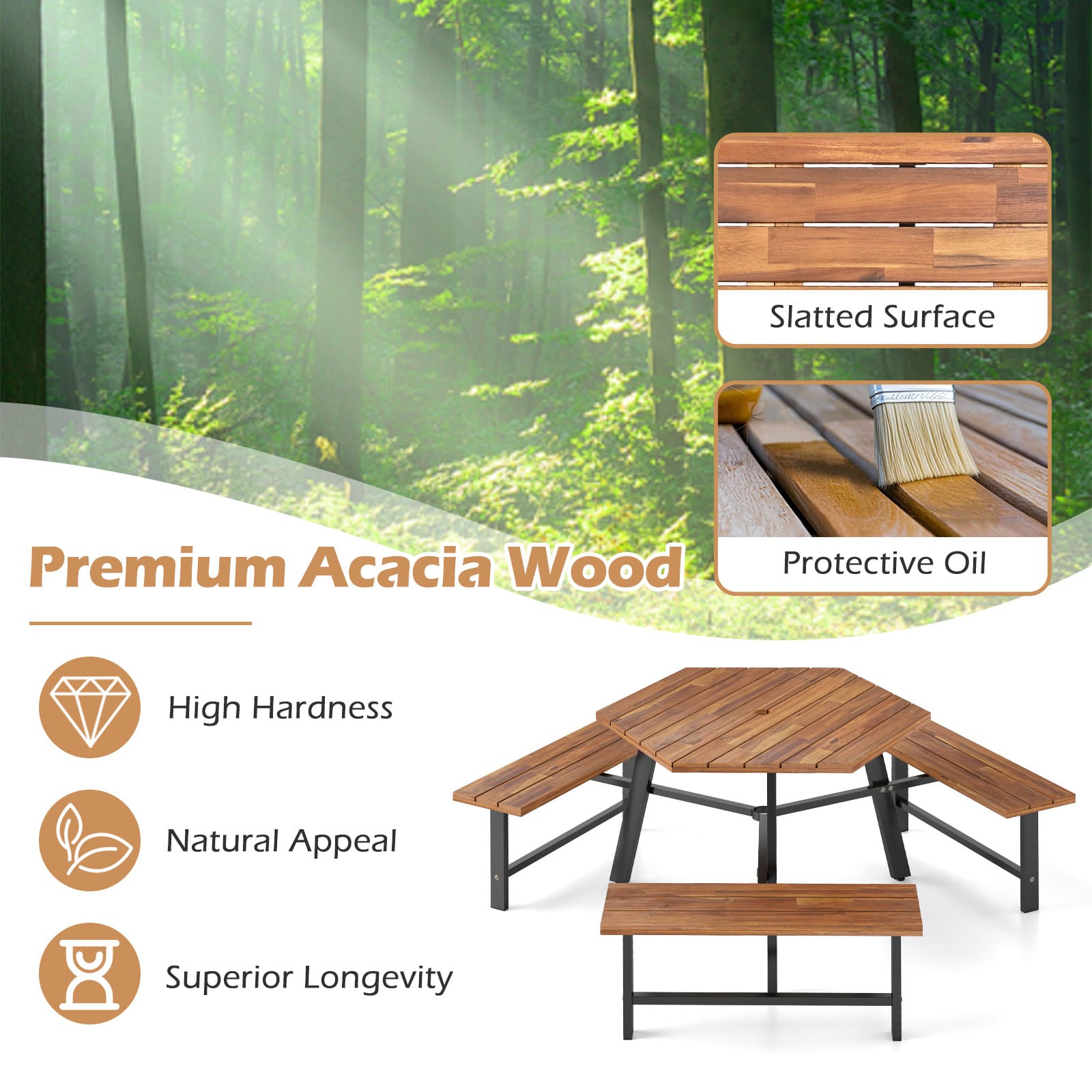 Volenca 6-Person Acacia Wood Picnic Table Bench Set with 3 Benches and ...