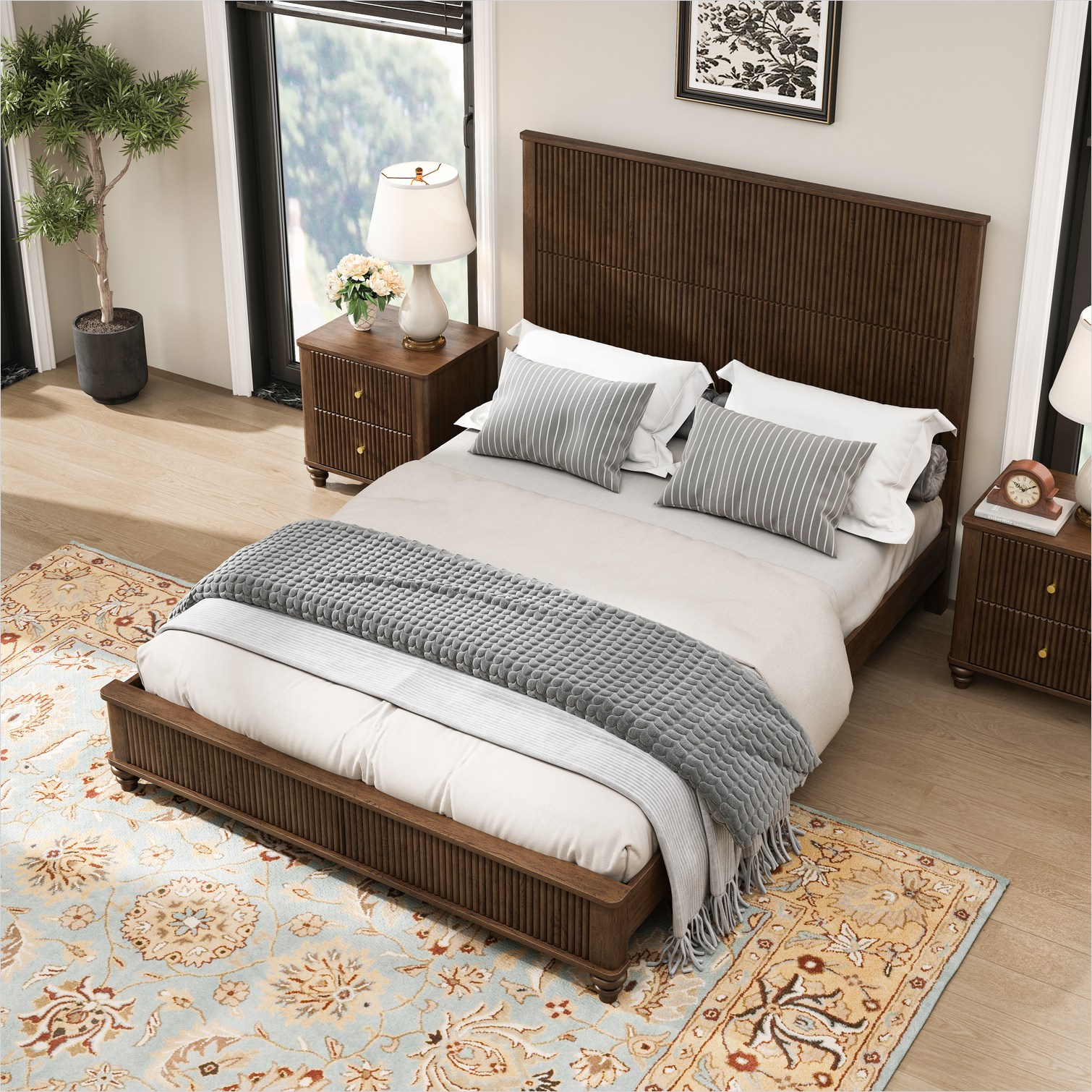 Watnature Queen platform bed frame with tall headboard solid wood-tone ...