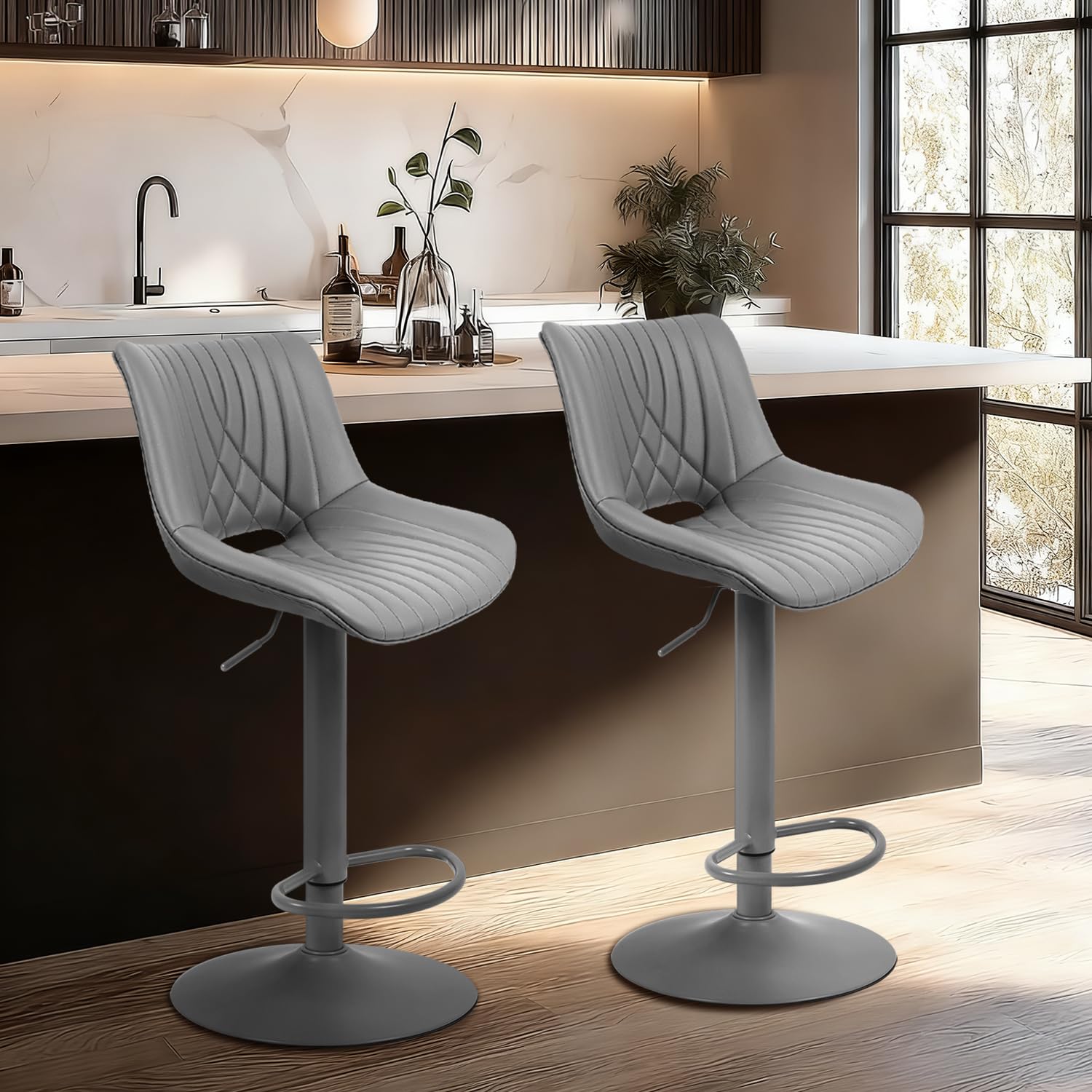 PIGFDK Grey Set of 2 Adjustable Swivel Bar Stools Faux PU Leather ...
