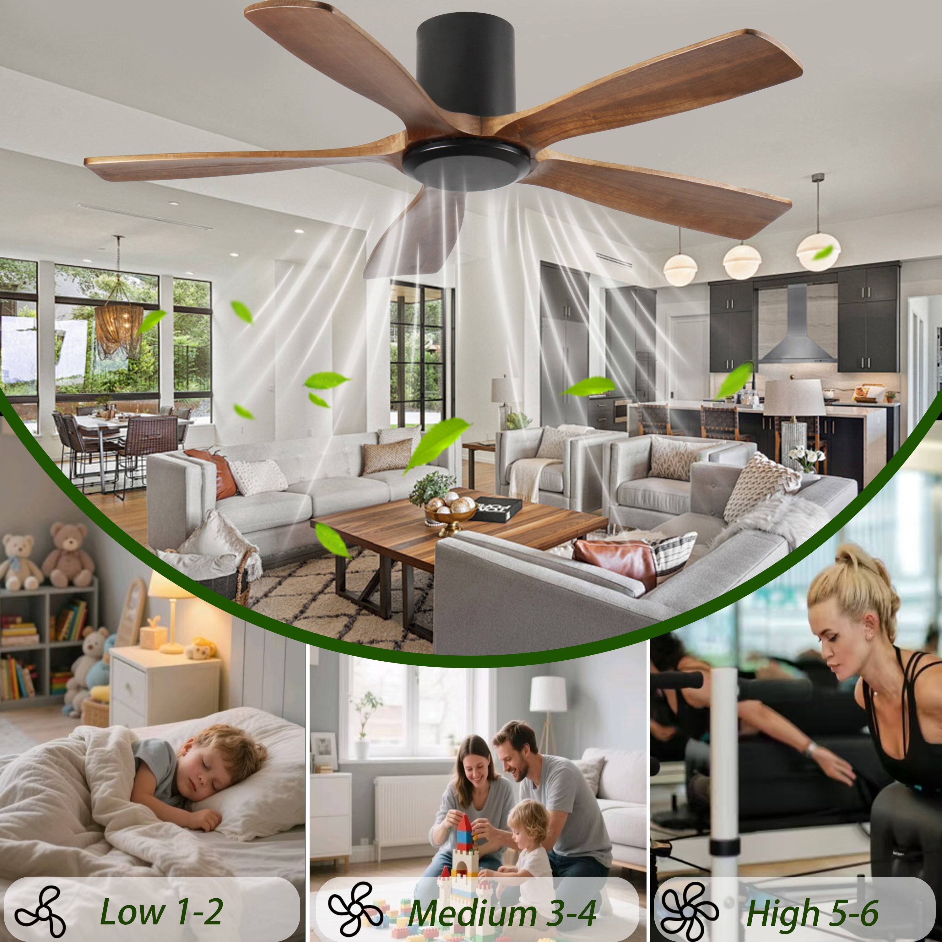 OKKIFANN 60 Inch Ceiling Fan Without Light Solid Wood Blades Flush ...