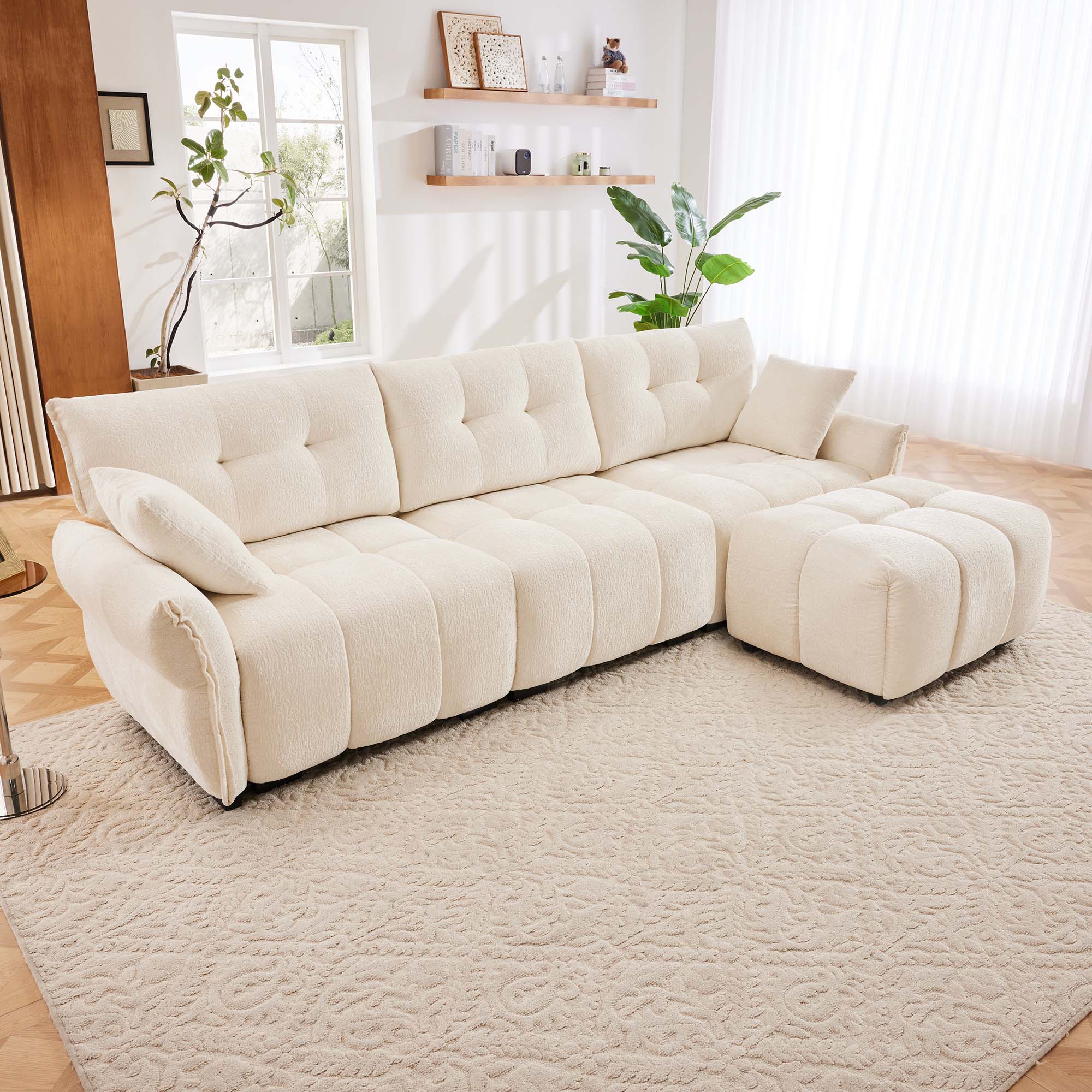LOVMOR Modular Tufted Sofa Set Chenille White Couch with Ottoman ...