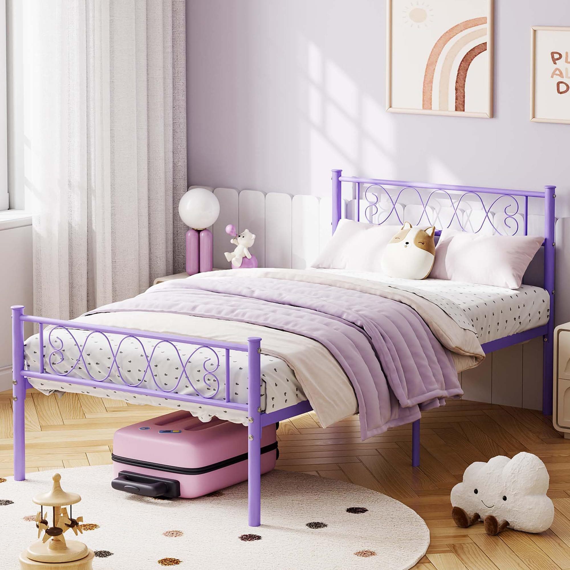 Garvee Twin Purple Metal Bed Frame with Headboard and Footboard for ...