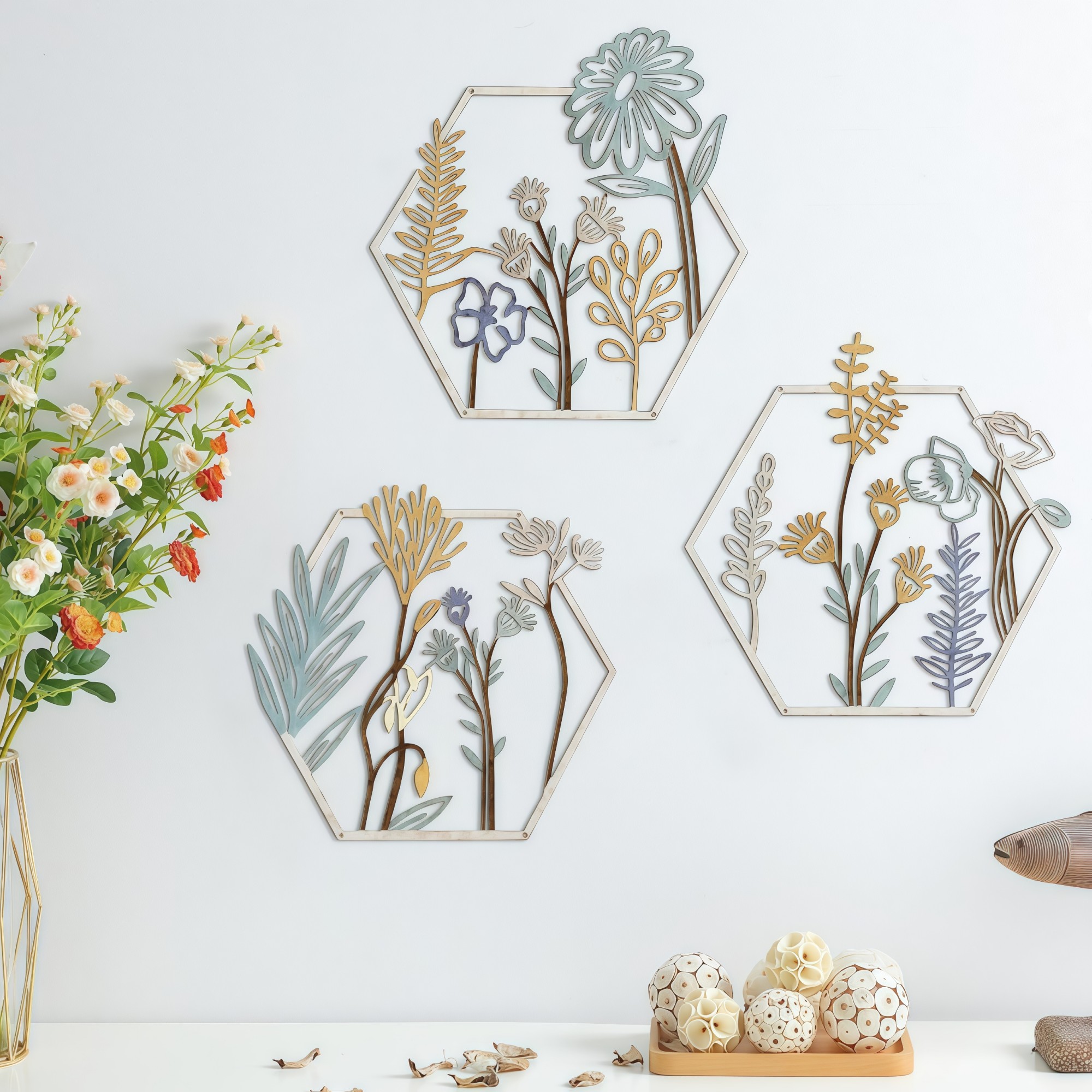 Numhew 12in H 3-Piece Metal Beige Gold Minimalist Floral Wall Decor Set ...