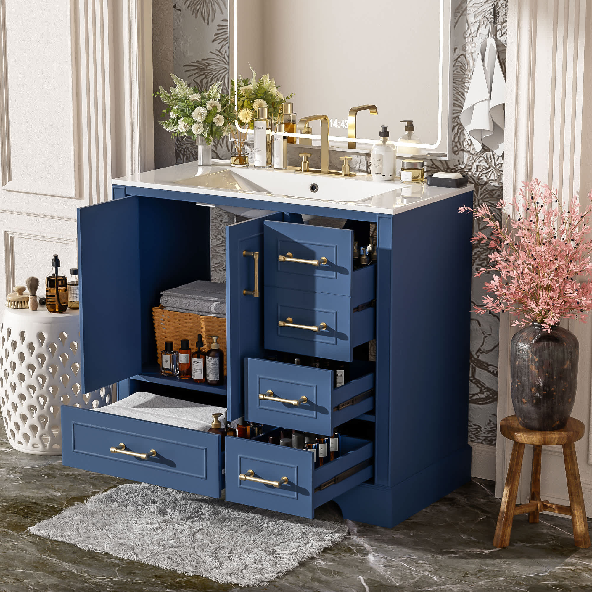 Vynxaria 36 inch Traditional Bathroom Vanity with Ceramic Sink Blue ...