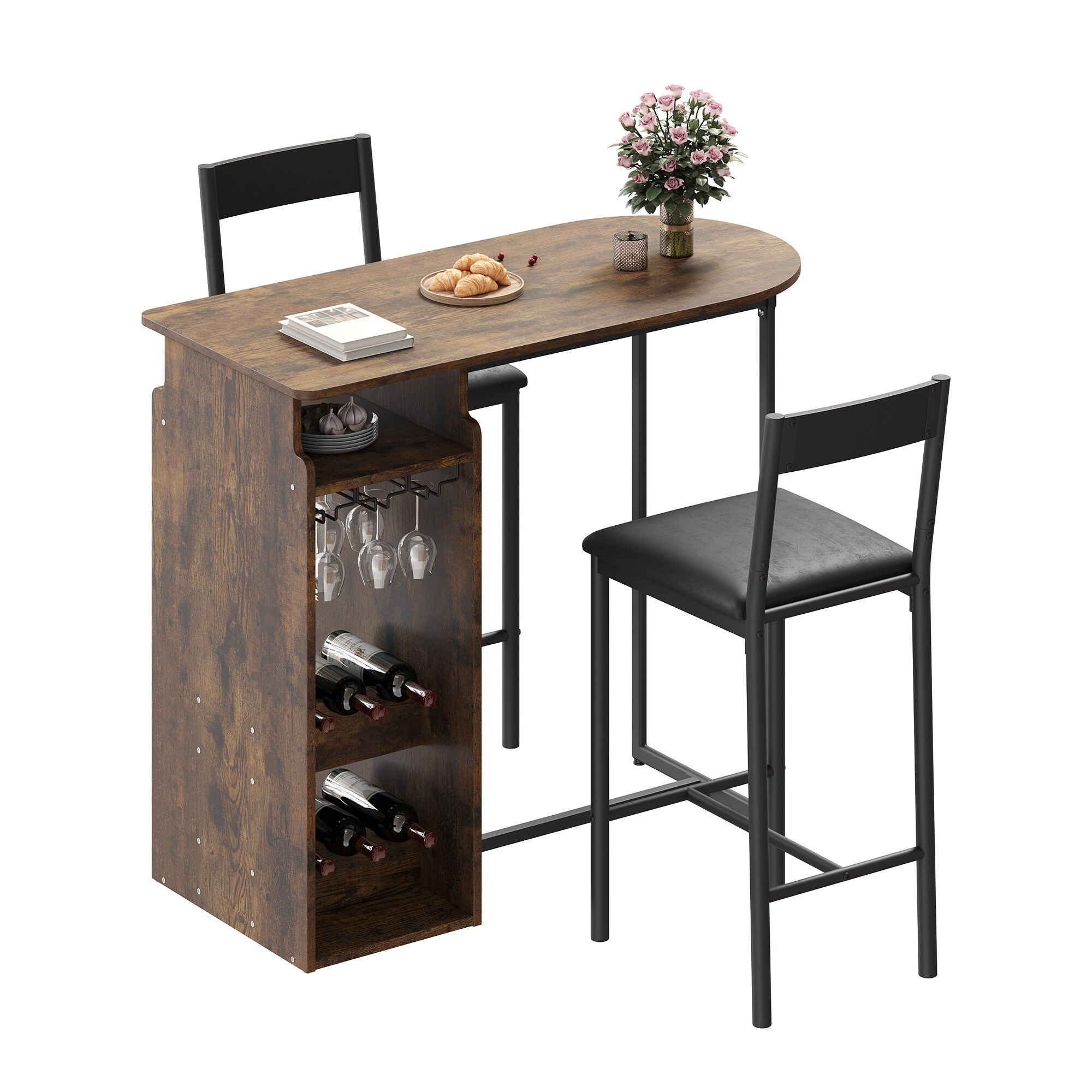 Garvee Counter Height Bar Table Set With Two Bar Stools Wine Rack Glass ...