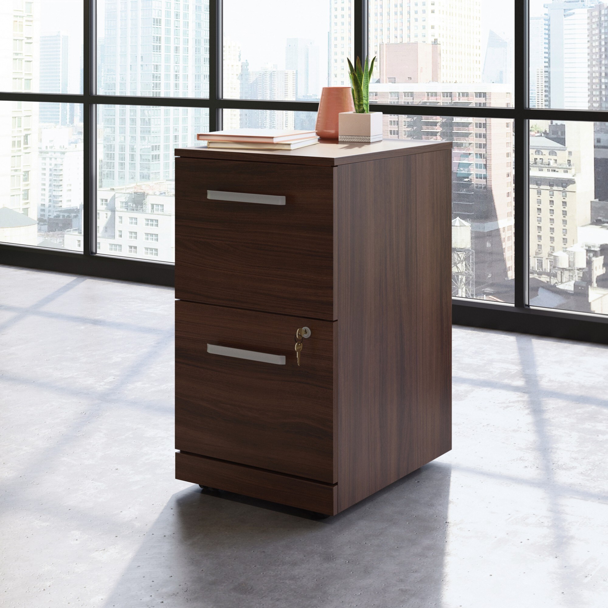 GlasFlength 28.43-Inch Mobile File Cabinet Brown Finish with Lockable ...