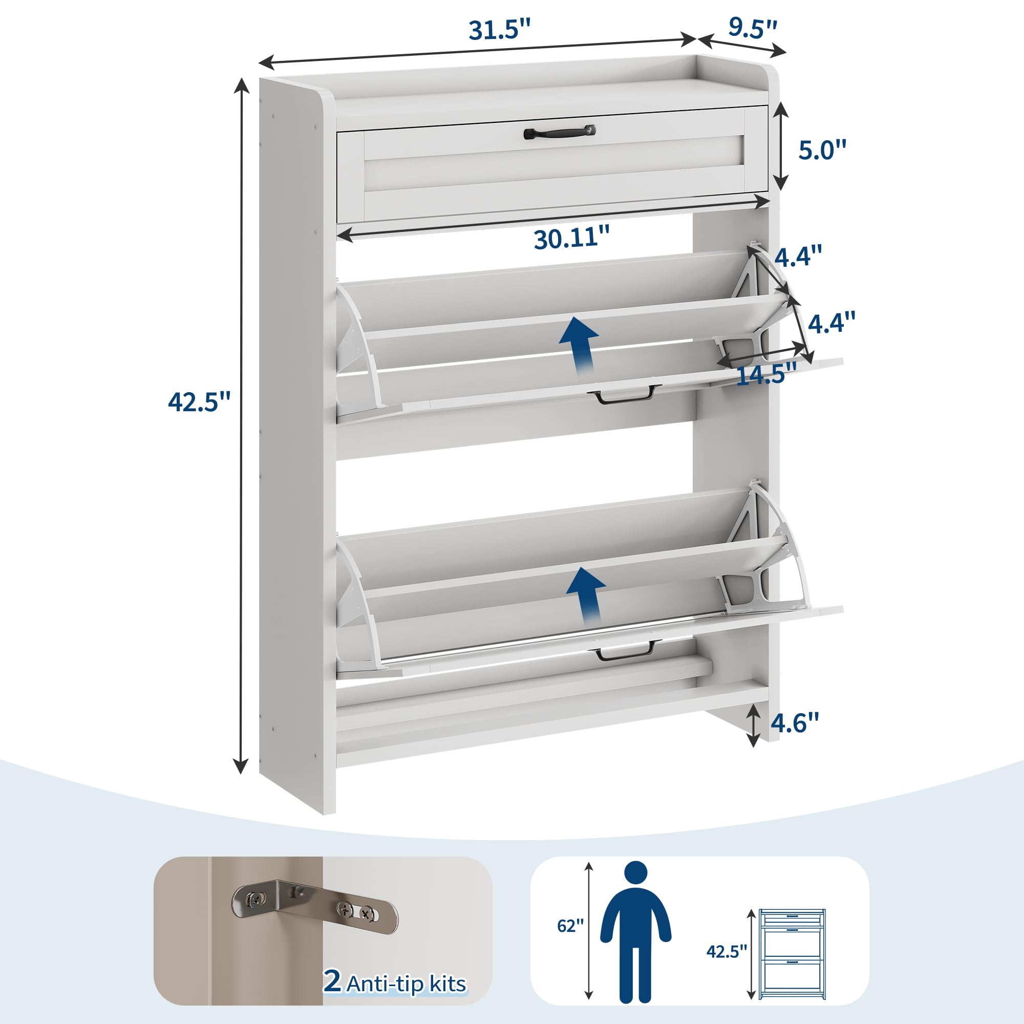 GarveeLife Shoe Cabinet with 2 Flip Drawers and Top Drawer High-Gloss ...