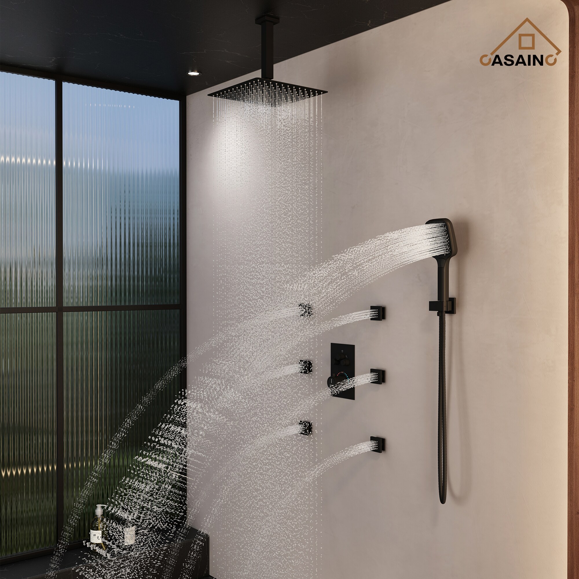 CASAINC Luxury Matte Black 12-in Built-In Shower Faucet System with 3 ...
