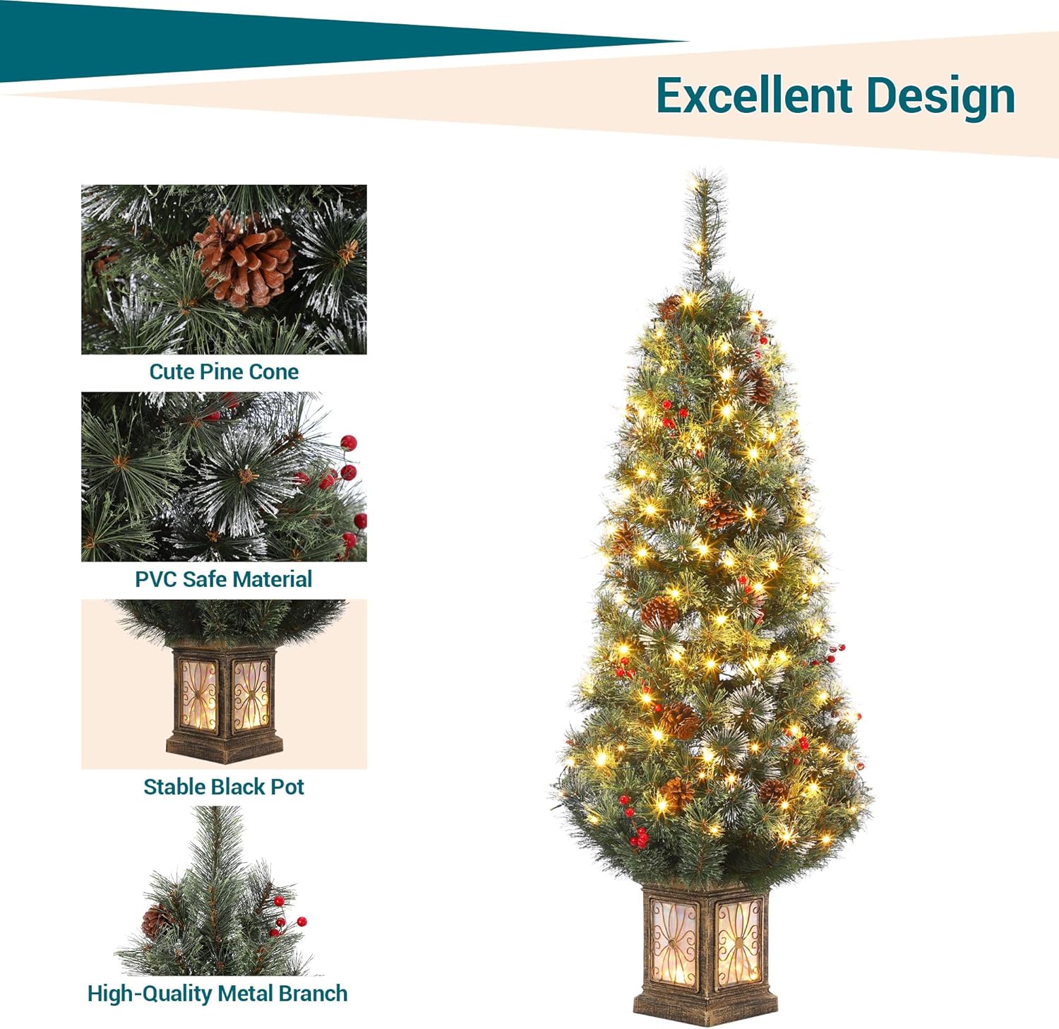 Garvee Christmas Tree 4.5 FT Prelit Vintage Pot Realistic Needles ...