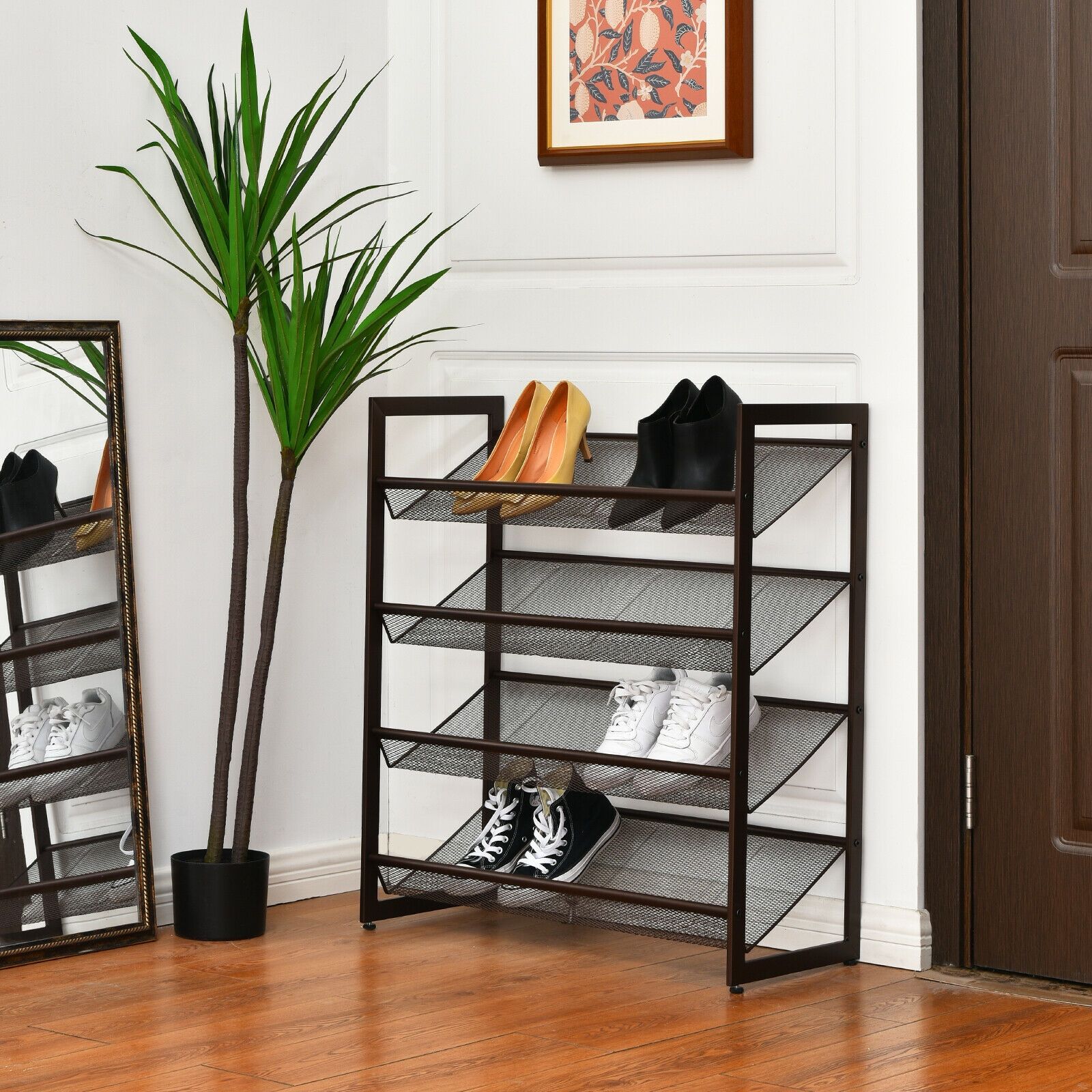 Slickblue 4-Tier- 16 Pair Capacity Brown Steel Shoe Storage Rack with ...