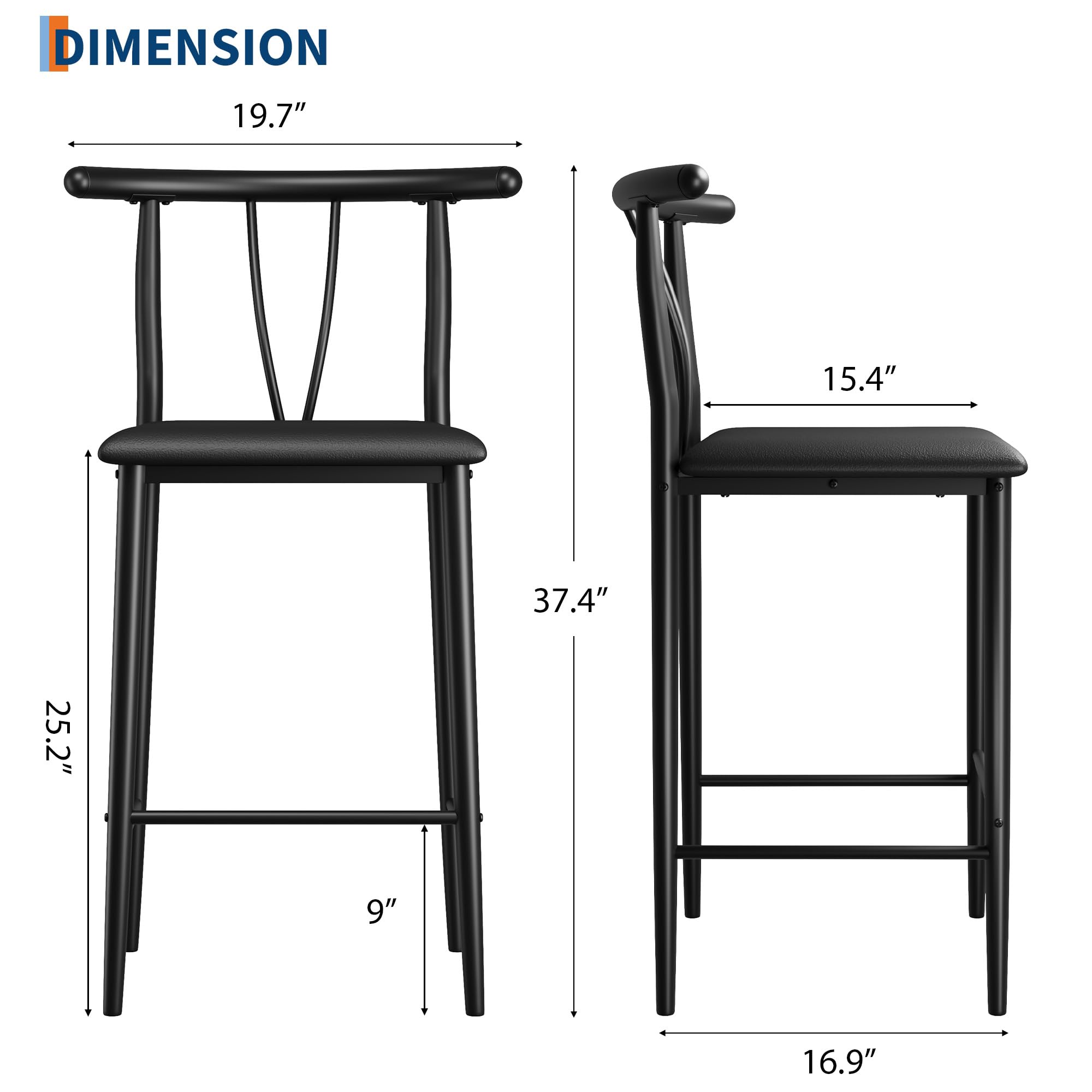 Assile Set of 4 U Shape Back Bar Stools Black Metal Frame Counter ...