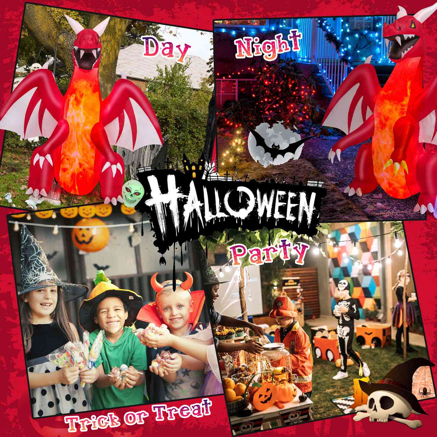 Costway 8 FT Halloween Inflatable Red Dragon with Wings and Skull ...
