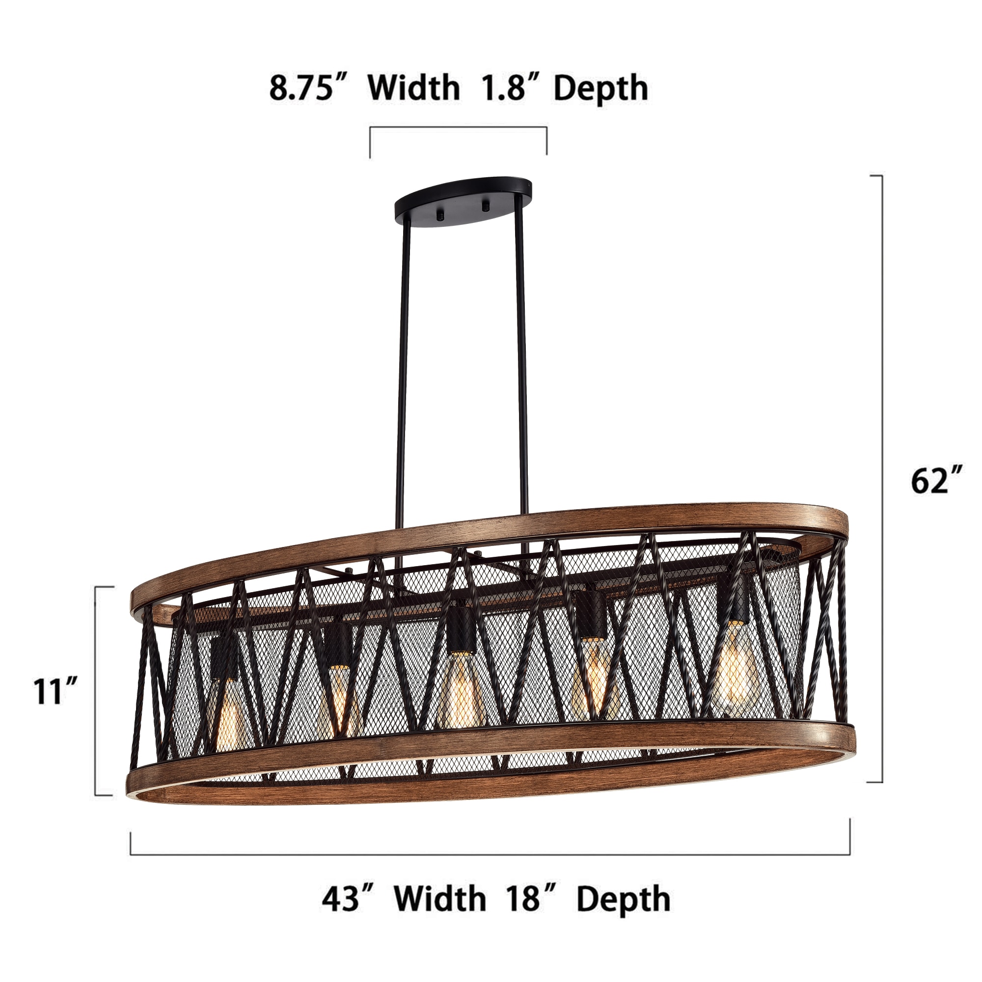 Edvivi 5-Light Black and Wood Farmhouse Cylinder Led, Large Hanging ...