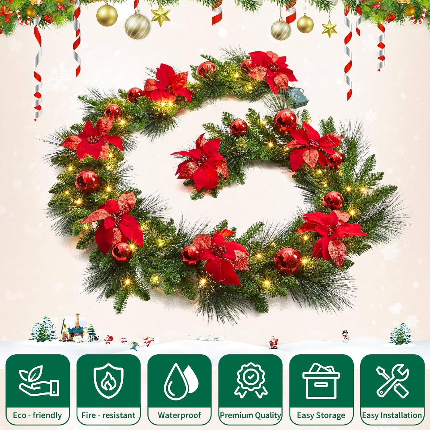 Garvee 9ft Pre-Lit Artificial Christmas Garland with 70 Warm White LED ...