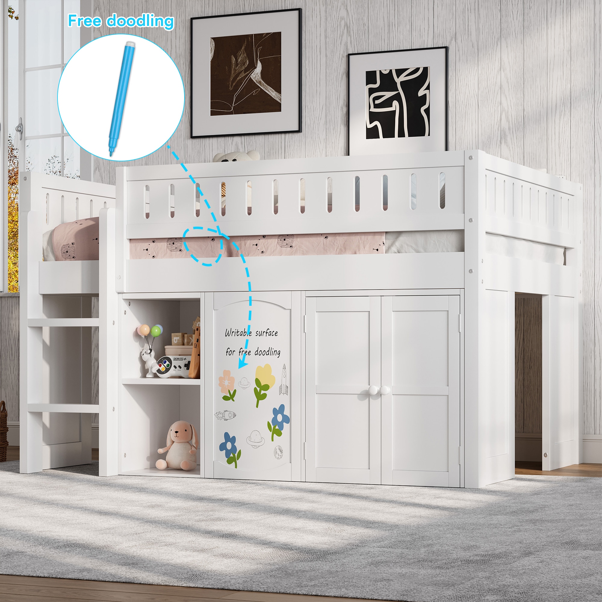 GDFStudio Full Size Loft Bed with Storage Cabinet and Chalkboard Panel ...