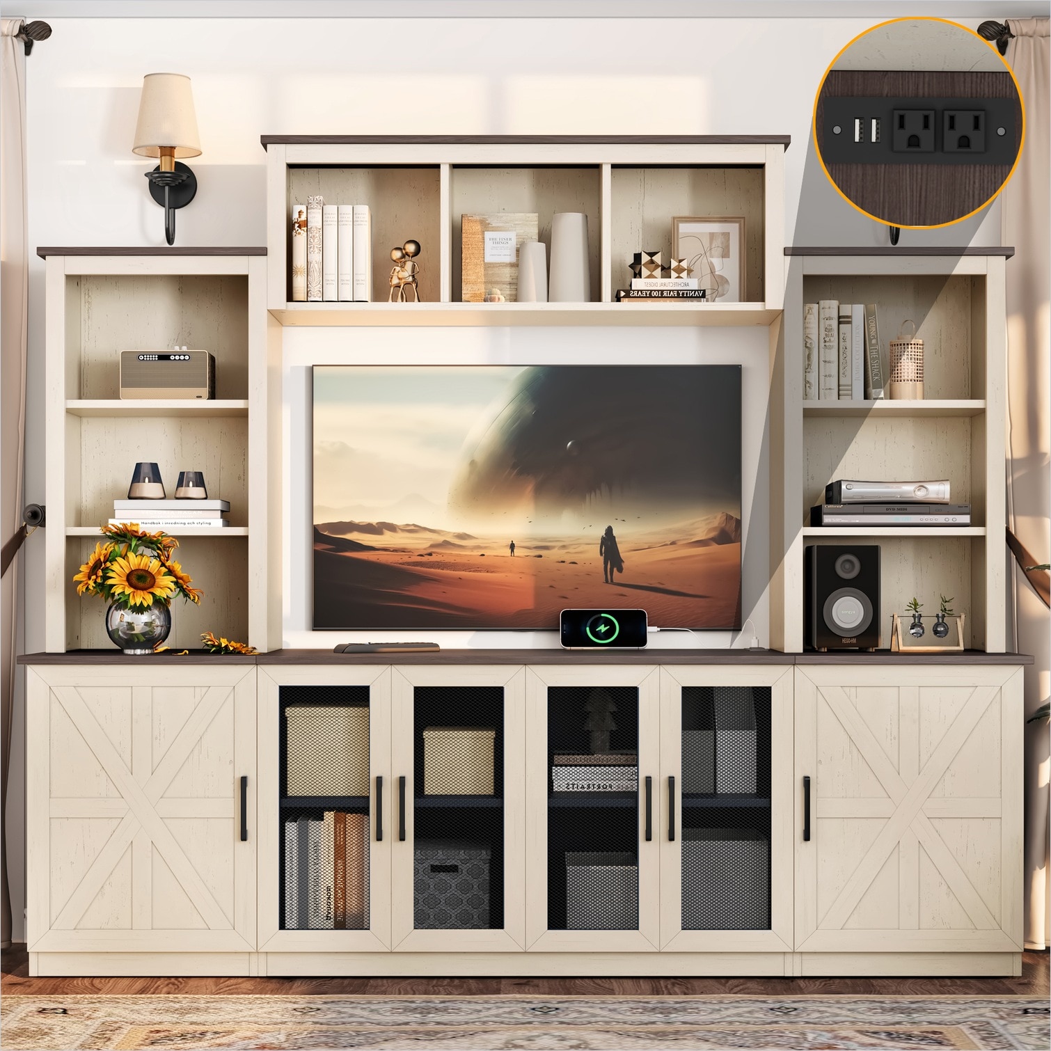 Watnature 87.6 Inch Wide Entertainment Center Wall Unit Soft Beige MDF ...