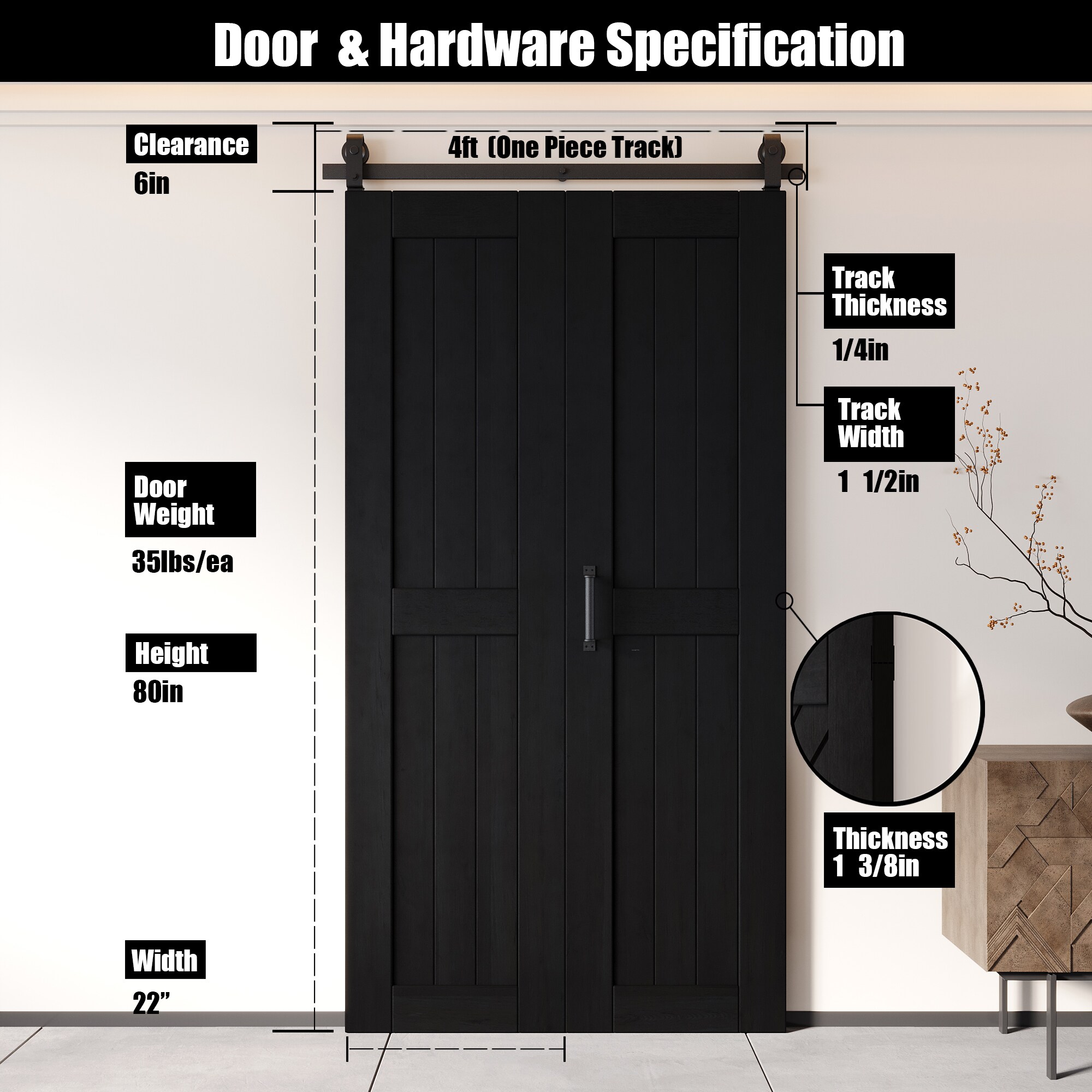 HOMACER 22 in. x 80 in. 5-in-1 Design Black Solid Pine Wood Bi-Fold ...