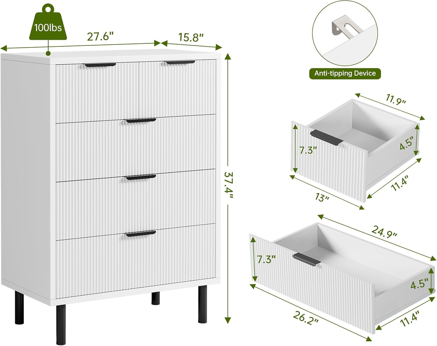 Der Rose Fluted 5 Drawer Dresser for Bedroom Wooden Drawer Chest ...