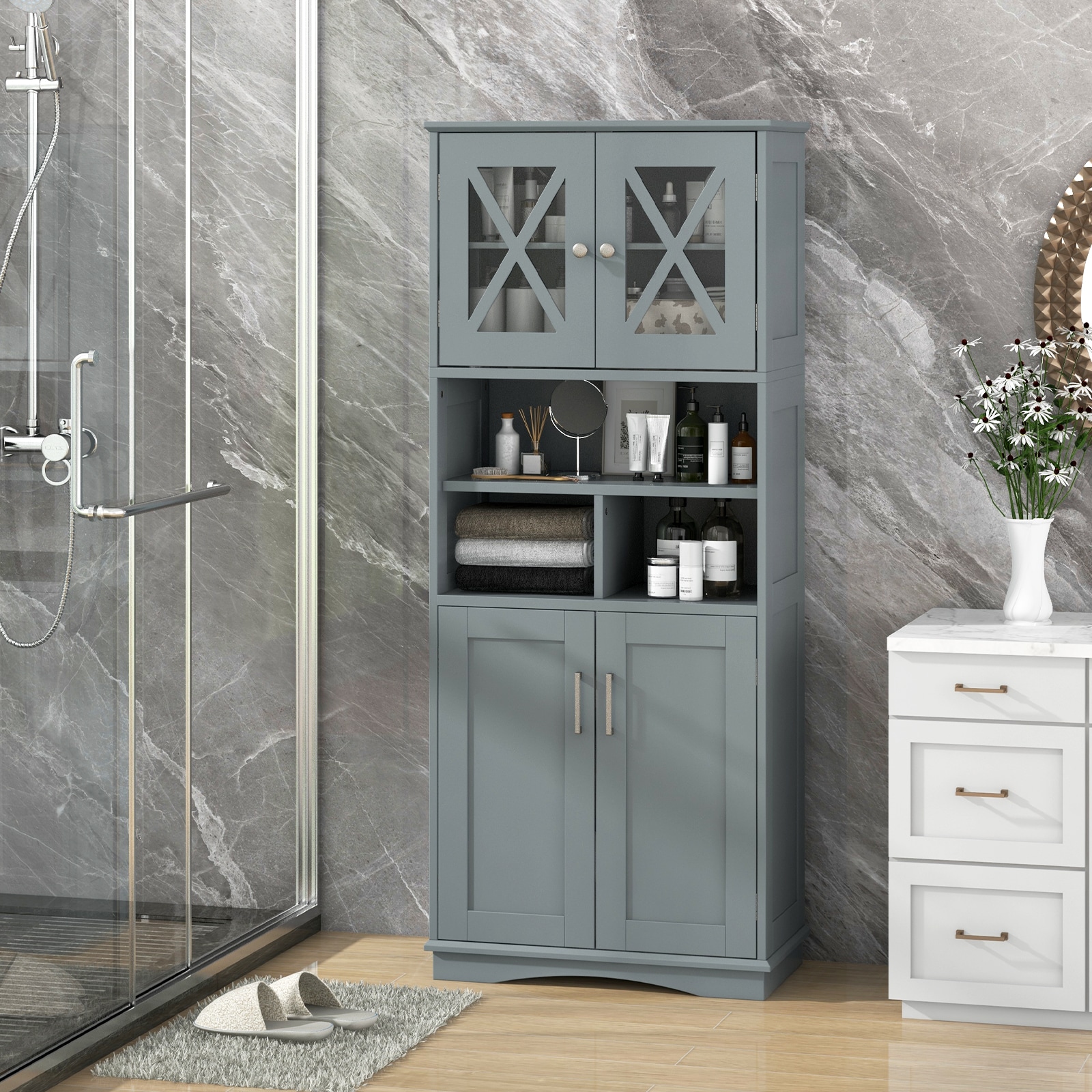 Volenca 57-in Tall Bathroom Linen Cabinet with 2 Acrylic Doors 3 Open ...