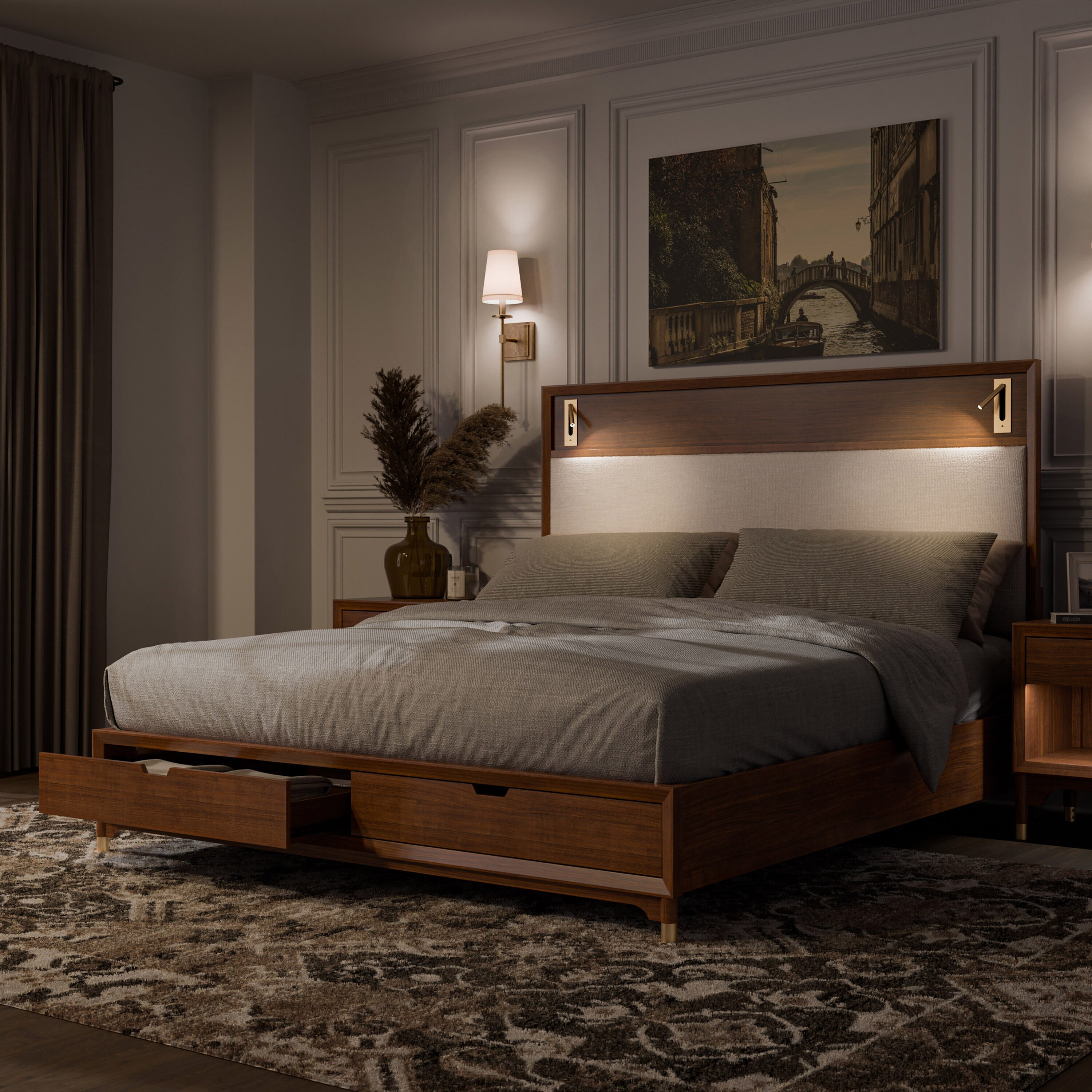 Furniture of America Queen Walnut Wood Platform Bed Storage with ...