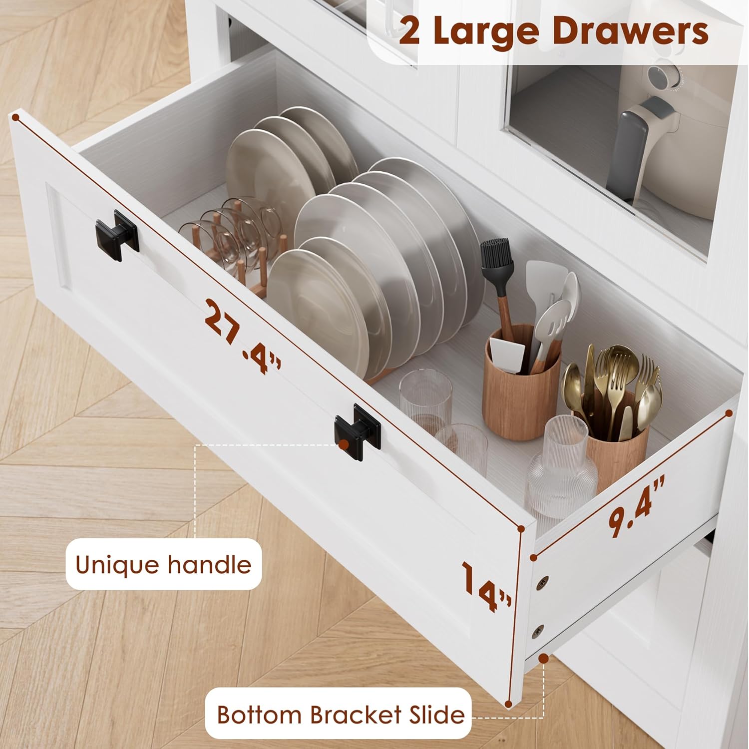 GAOMON White tall pantry cabinet 71 inch with two large drawers glass ...