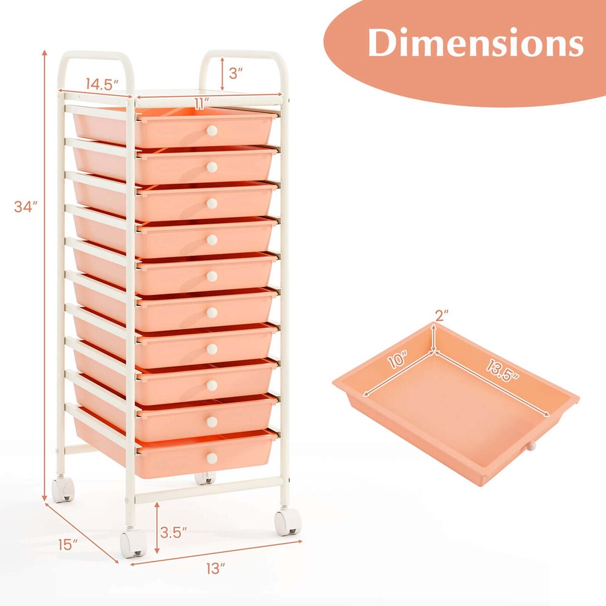 Costway 10 Drawer Rolling Storage Cart Scrapbook Paper Office School ...