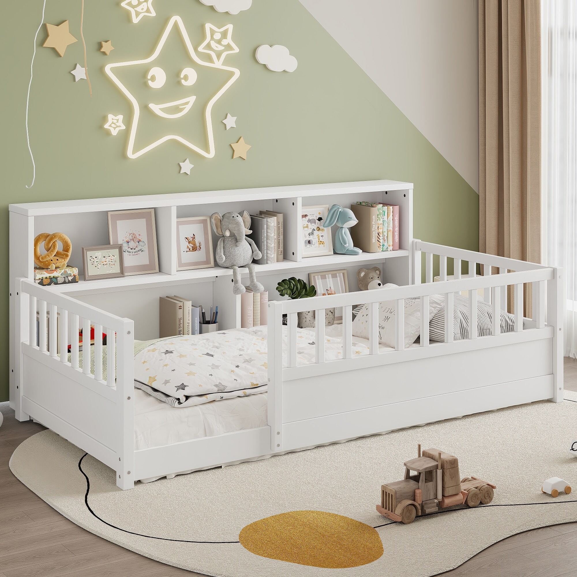 LUXEYARD A twin sized wooden floor bed with a fence style guardrail ...