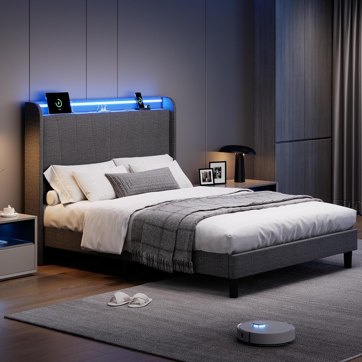 Garvee Full Size Bed Frame with Charging Station and LED Lights Modern ...